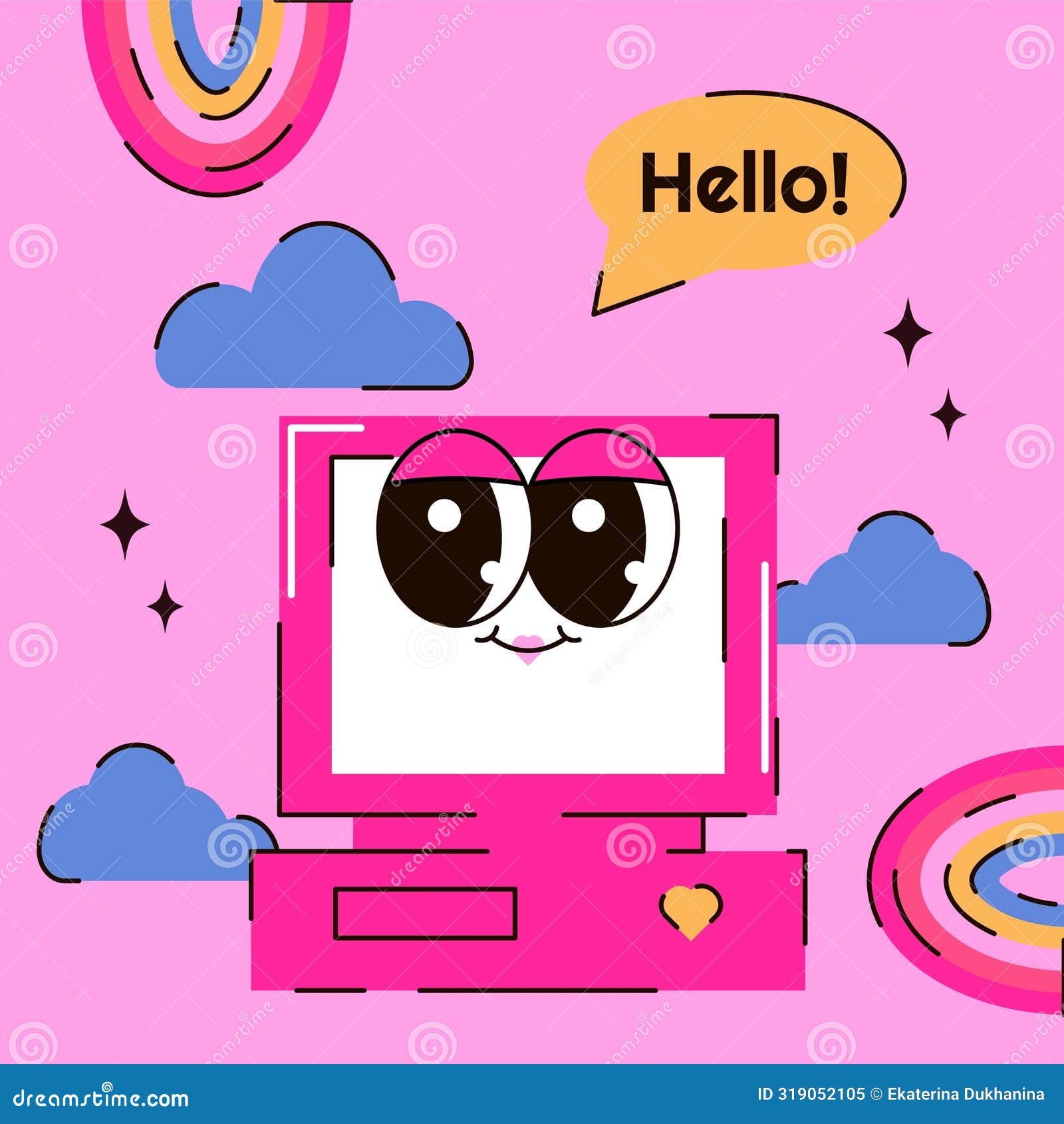 2000s Retro Elements Rainbow Vector. Groovy Character Computer with ...