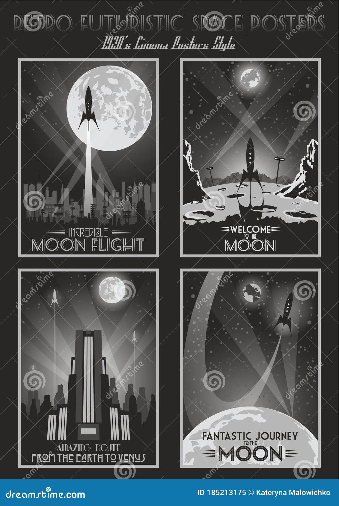 1920s Style Retro Fantastic Space Posters Stock Vector - Illustration ...