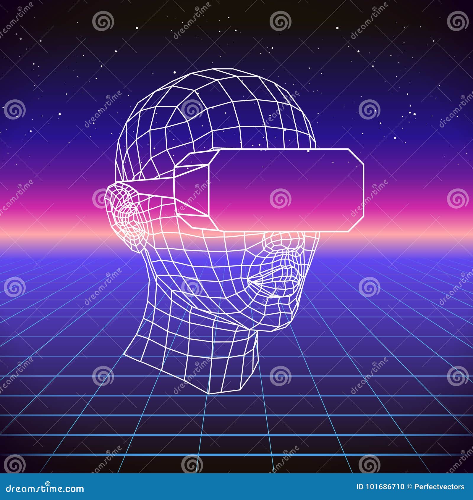 80s Retro Sci-Fi Background With VR Headset. Vector Futuristic Synth ...