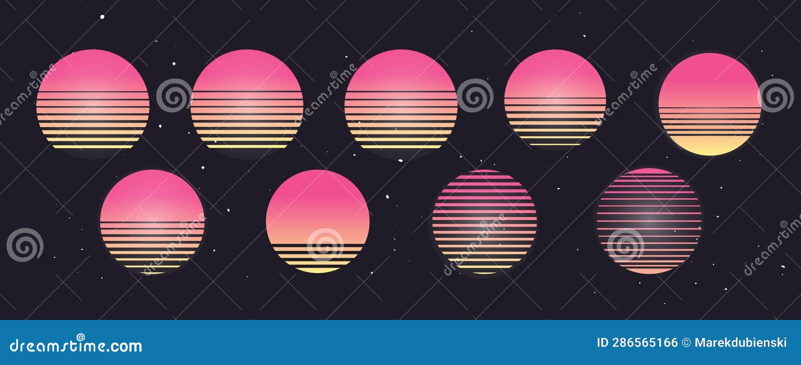 80s Retro Sunset Collection. Set of Vintage Graphics with Sun Dipped in ...
