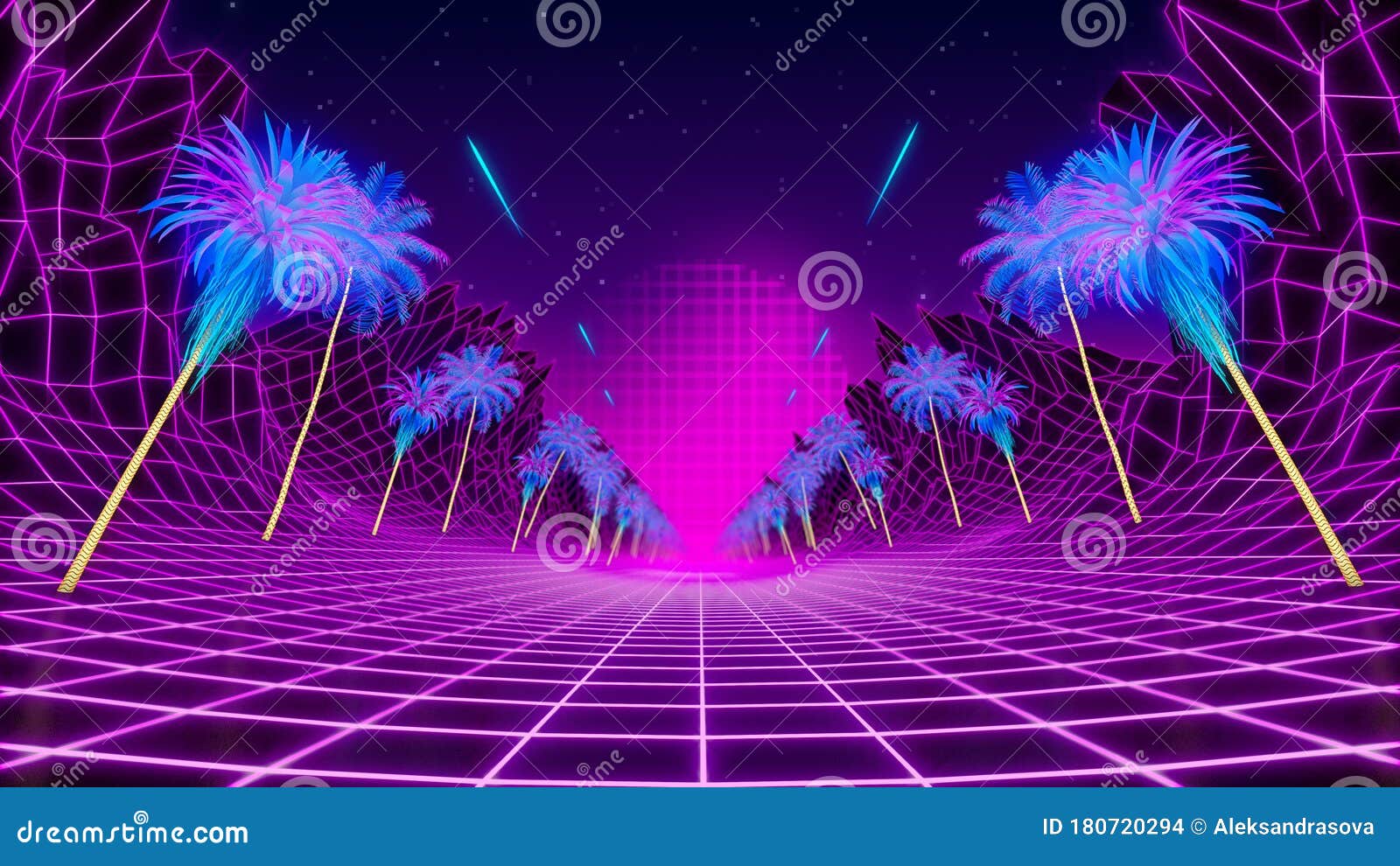 80s Retrowave Neon Background. Fly through Low Poly Landscape with ...