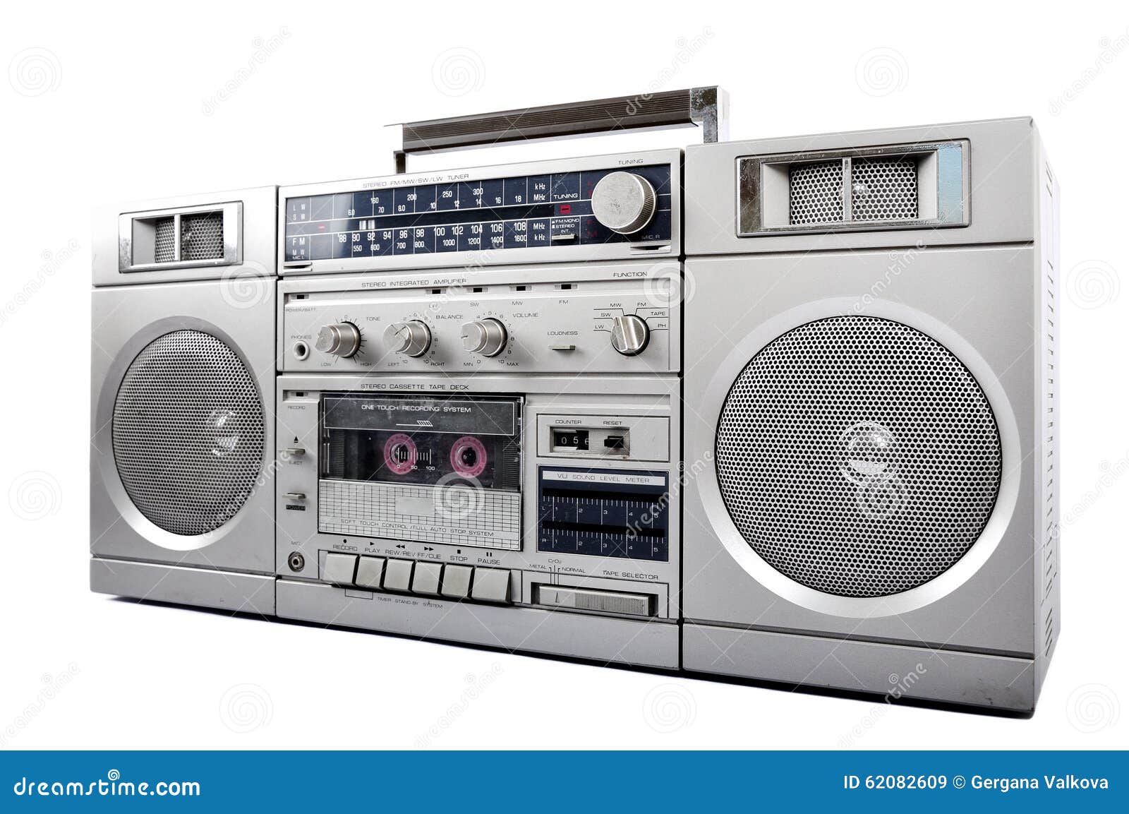 1980s Silver Retro Radio Boom Box With Antenna Up Isolated On White ...