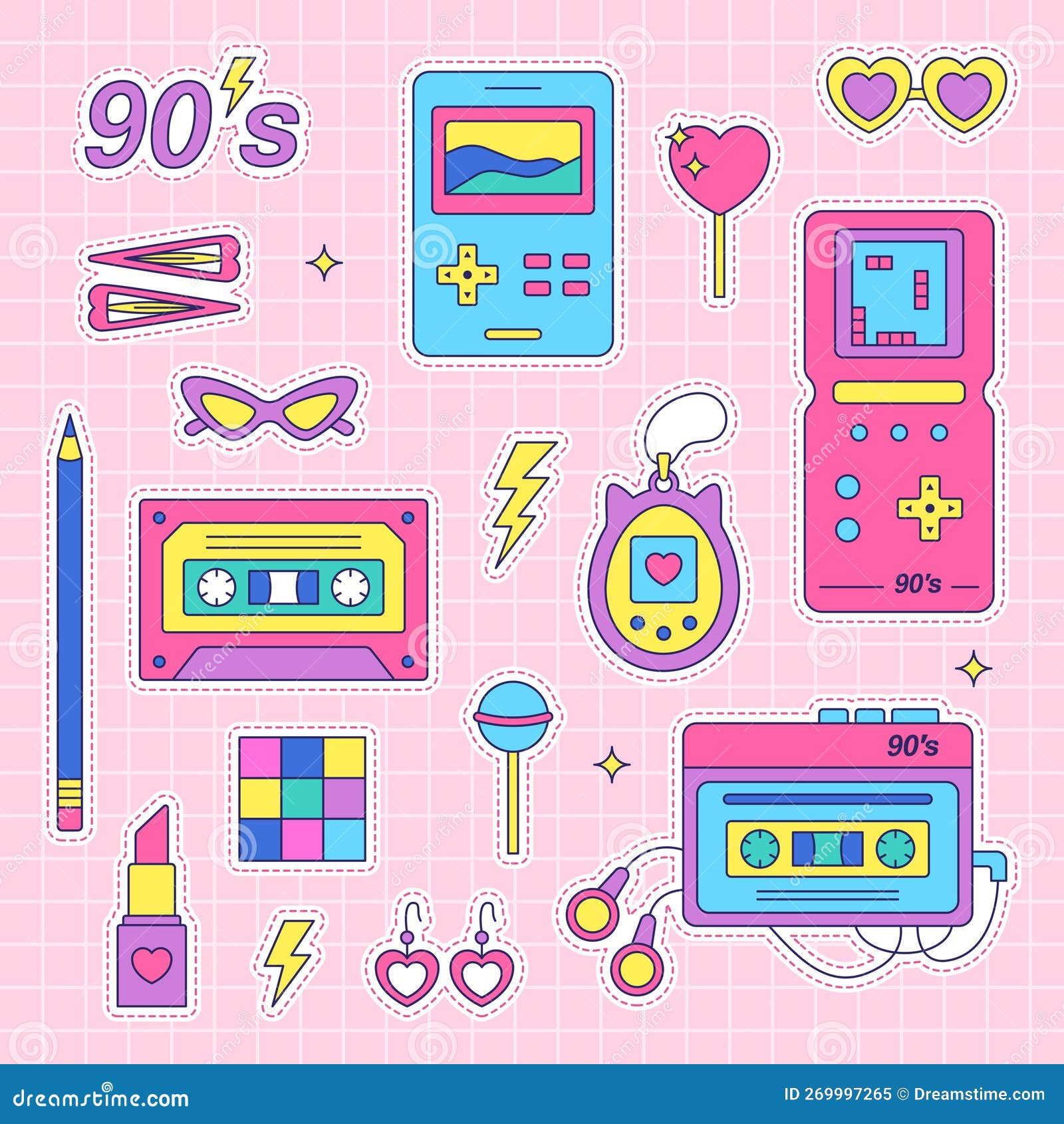 90s Stickers Pack. Set of Trendy Retro Elements. Bright Vector ...