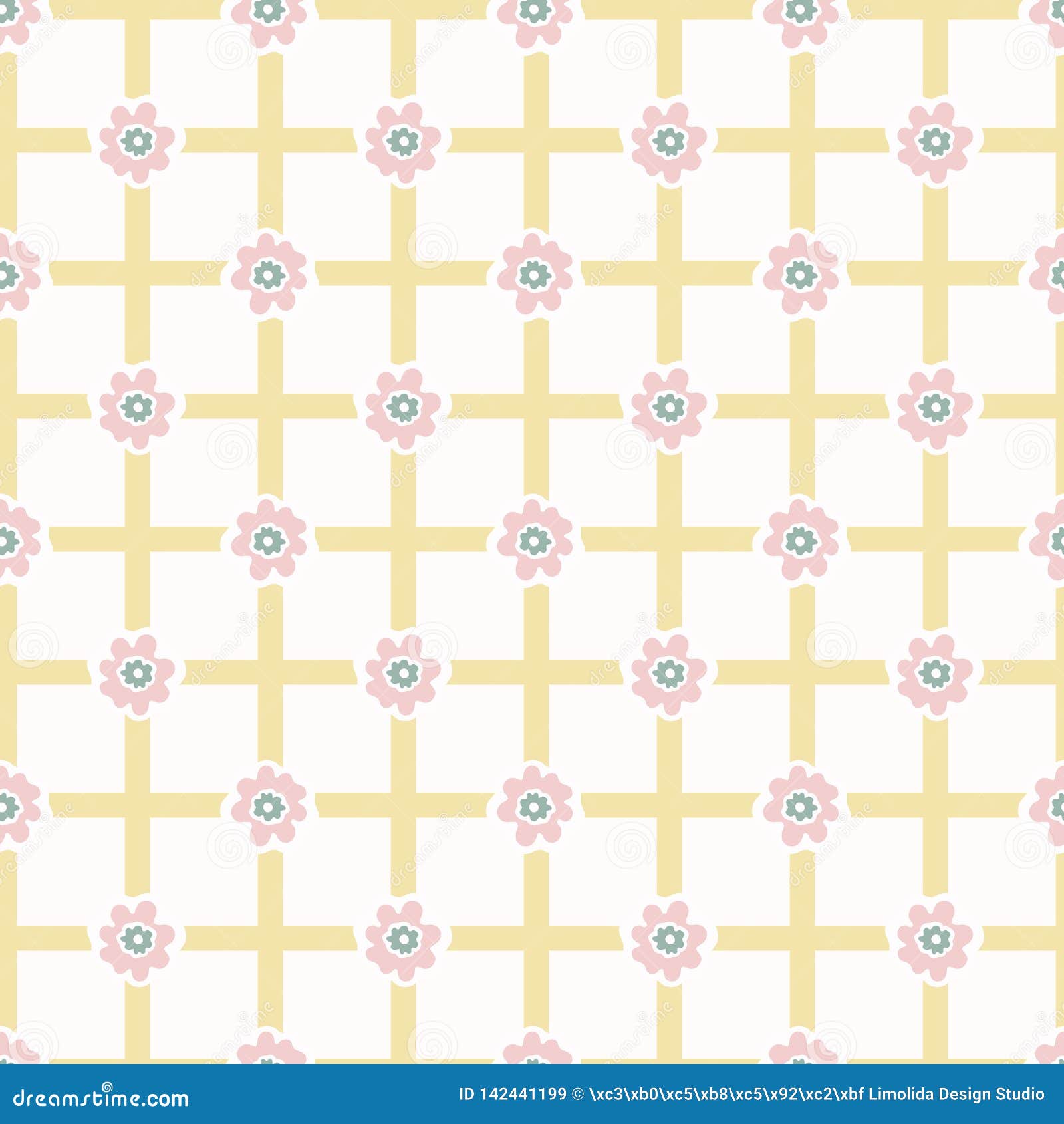 1950s Style Flower Daisy Gingham Seamless Vector Pattern. Hand Drawn ...