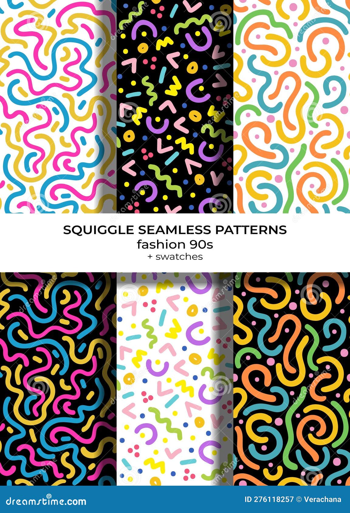 90s Style Squiggle Doodle Seamless Patterns Set Stock Vector ...