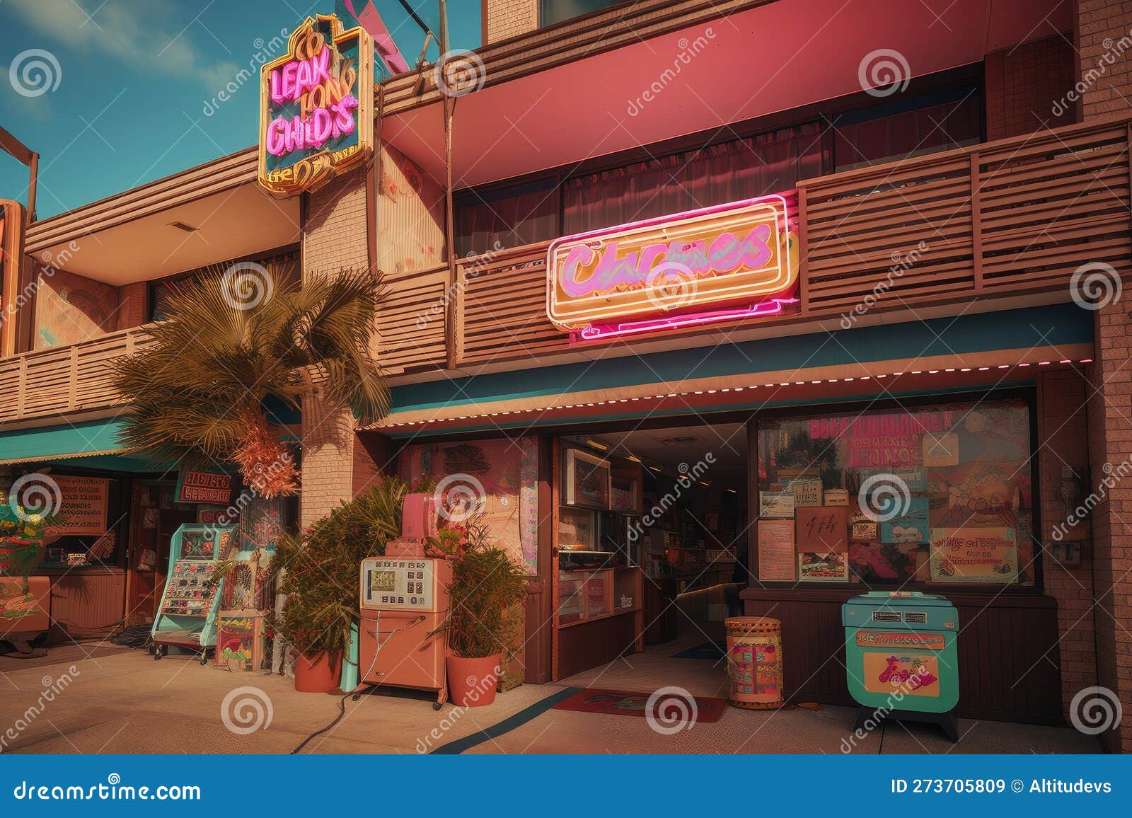 80s-styled Store Exterior with Retro Signage, Decorations, and ...