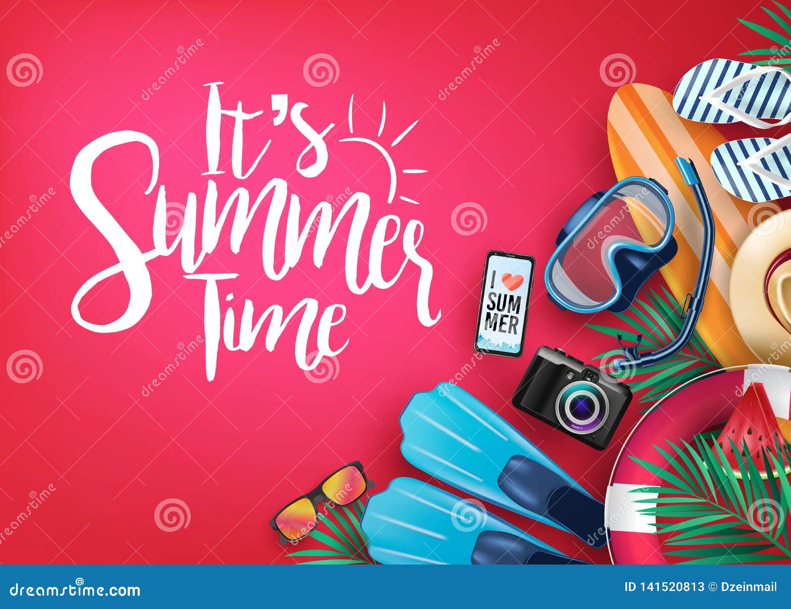 It`s Summer Time Realistic Vector Banner in Red Background and Tropical ...