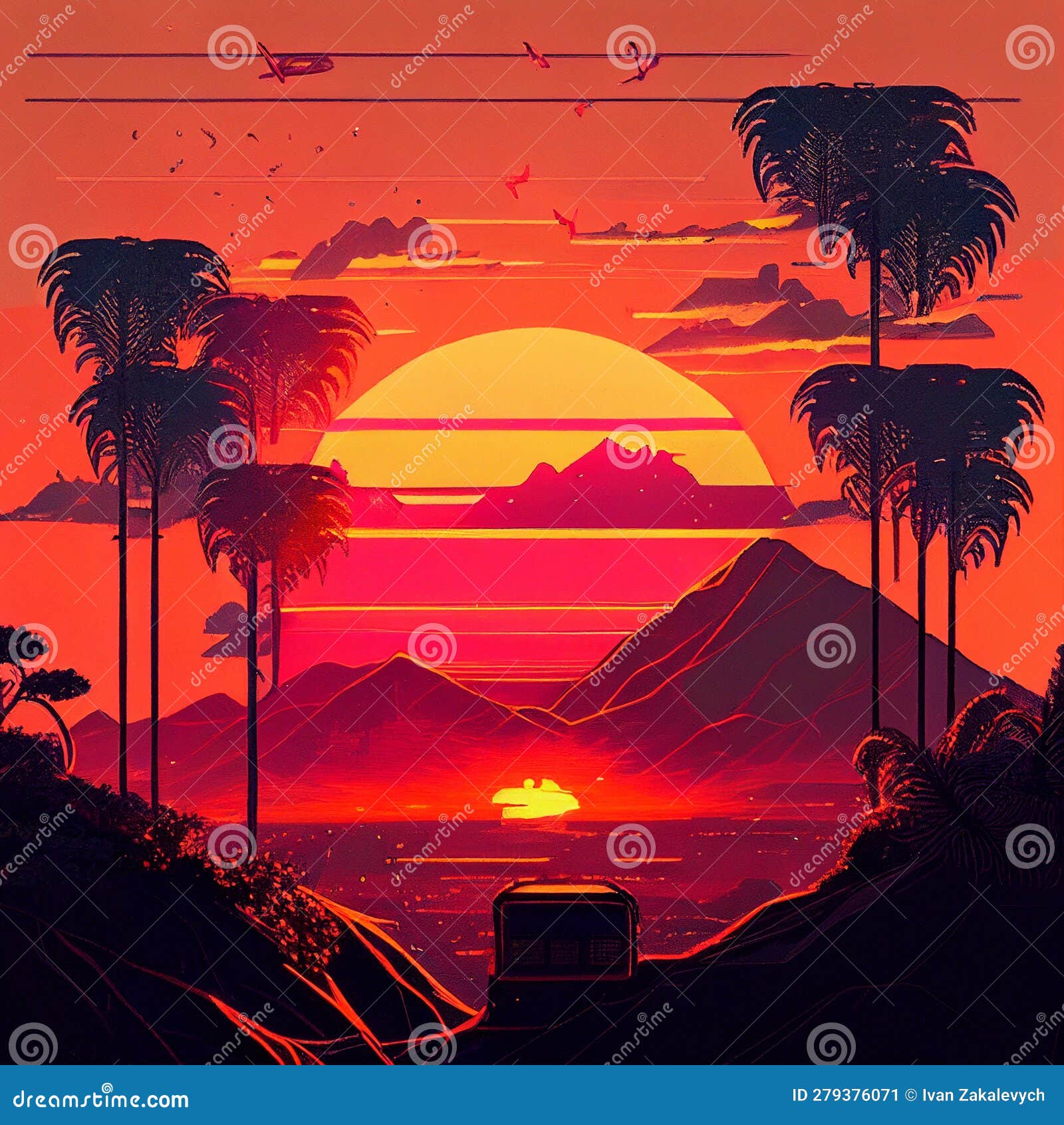 80s Sunset with Palm Trees Illustration. AI Generated Stock ...