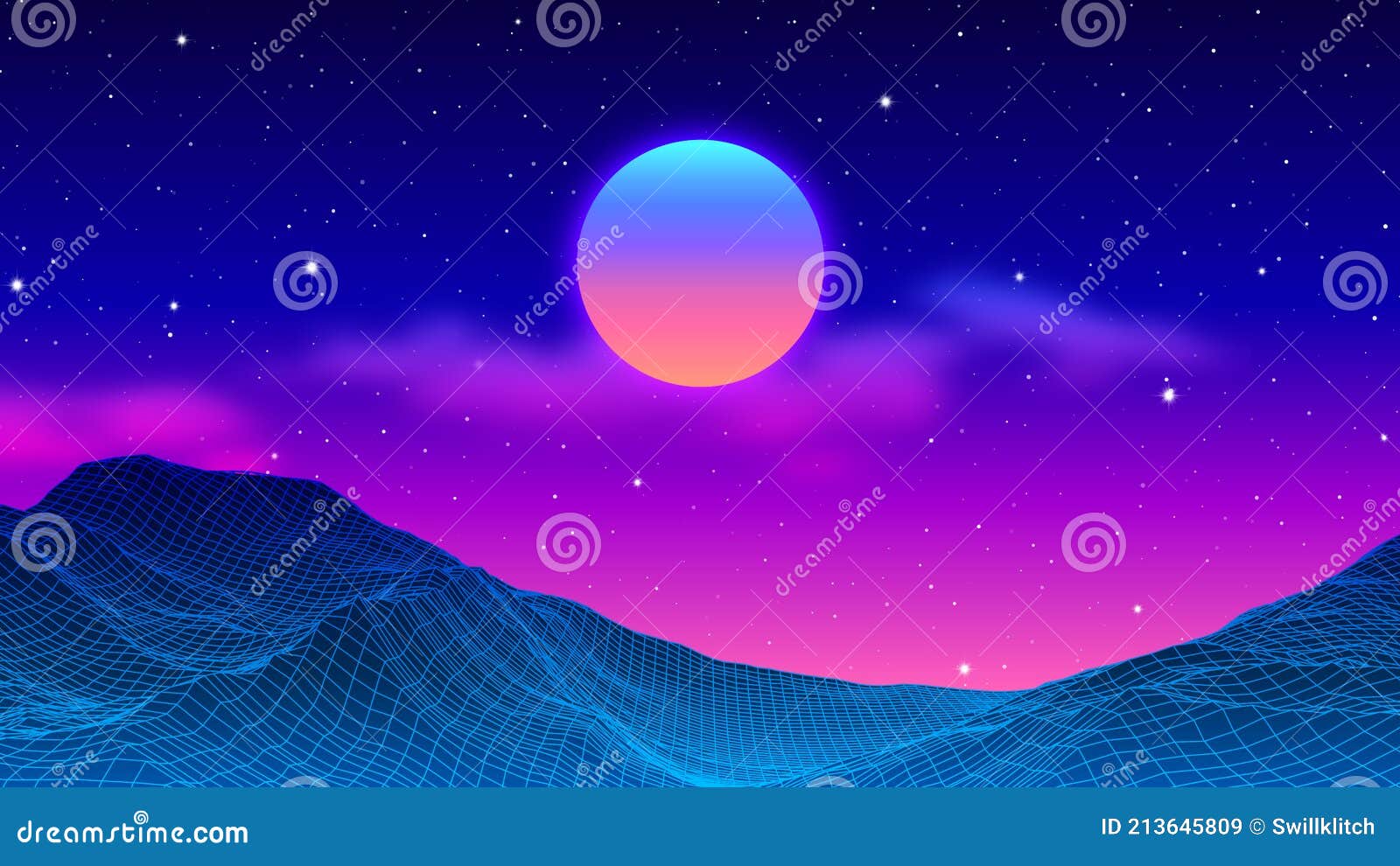 80s Synthwave Styled Landscape with Blue Grid Mountains Peak and Sun ...