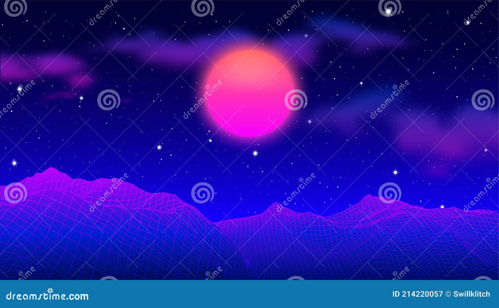 Synthwave Blue Cyber Laser Grid With Glowing Fog And Horizon On Starry ...