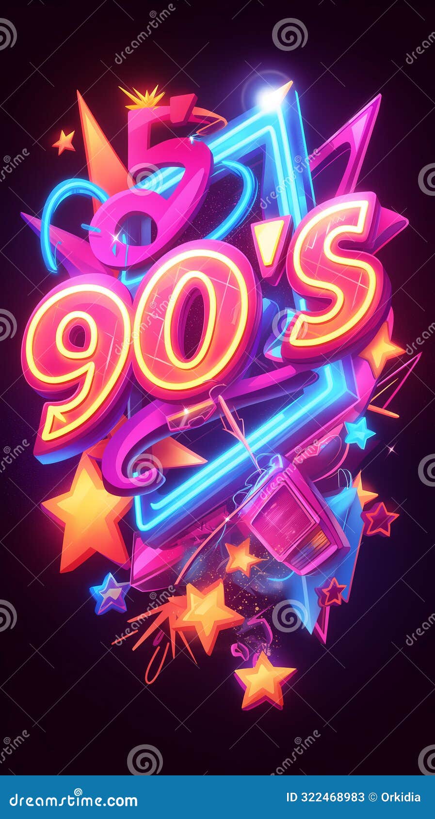 90 S Theme Background in Neon Colors Stock Illustration - Illustration ...