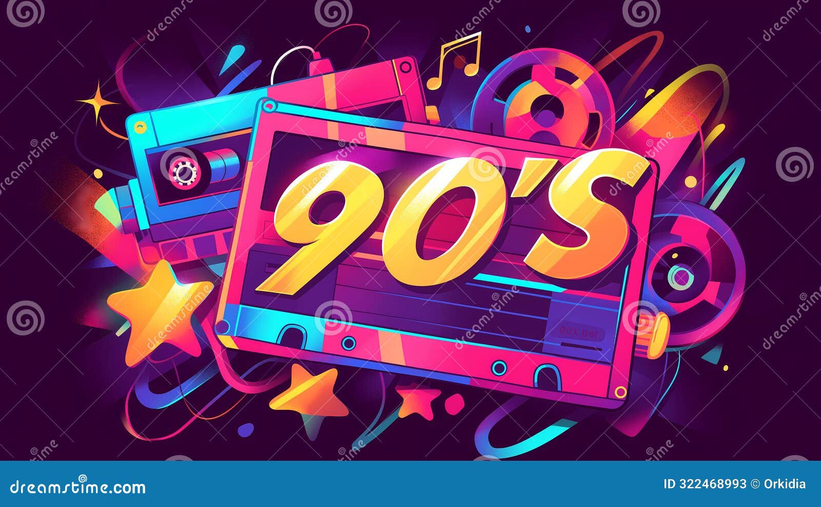 90 S Theme Background in Neon Colors Stock Illustration - Illustration ...