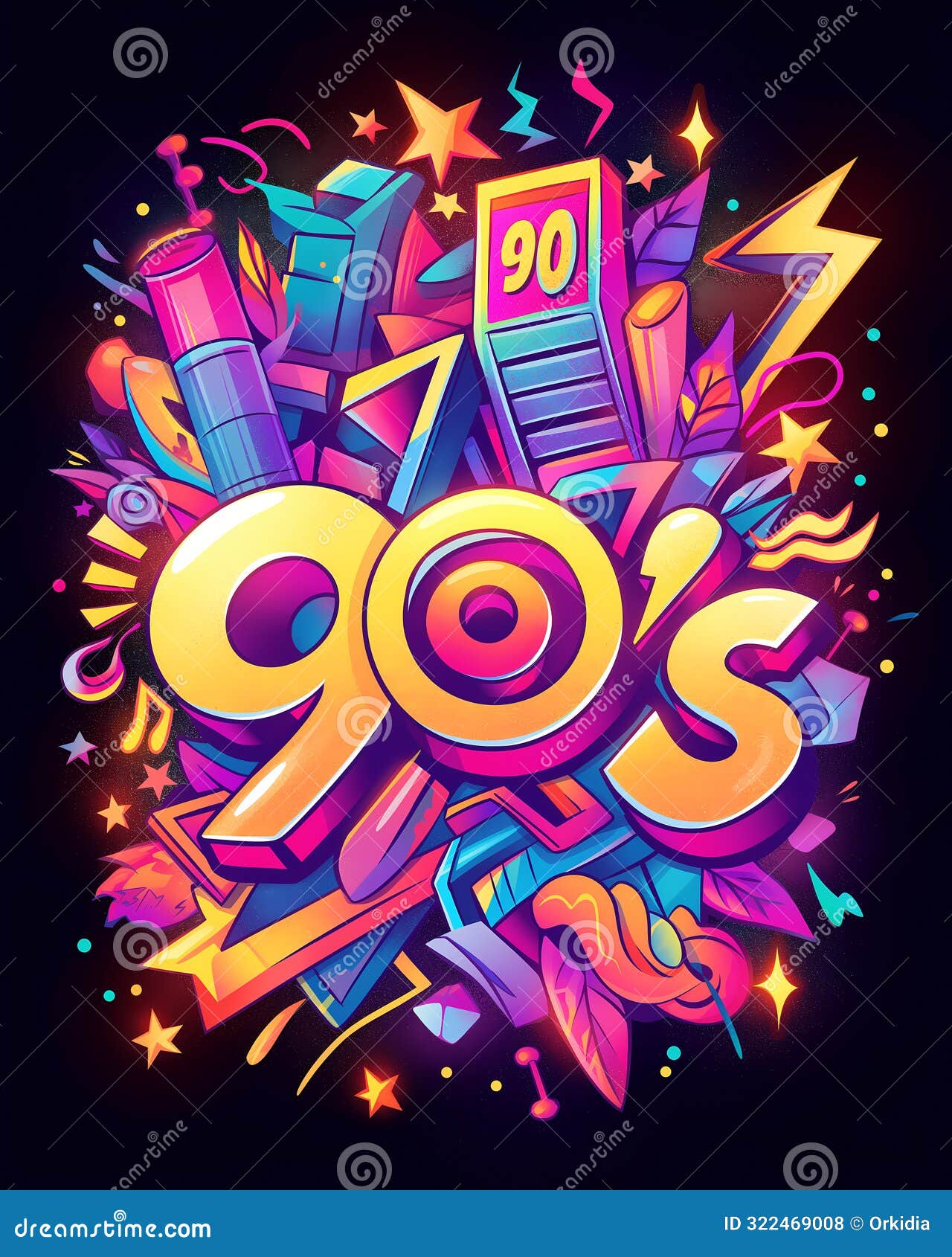 90 S Theme Background in Neon Colors Stock Illustration - Illustration ...