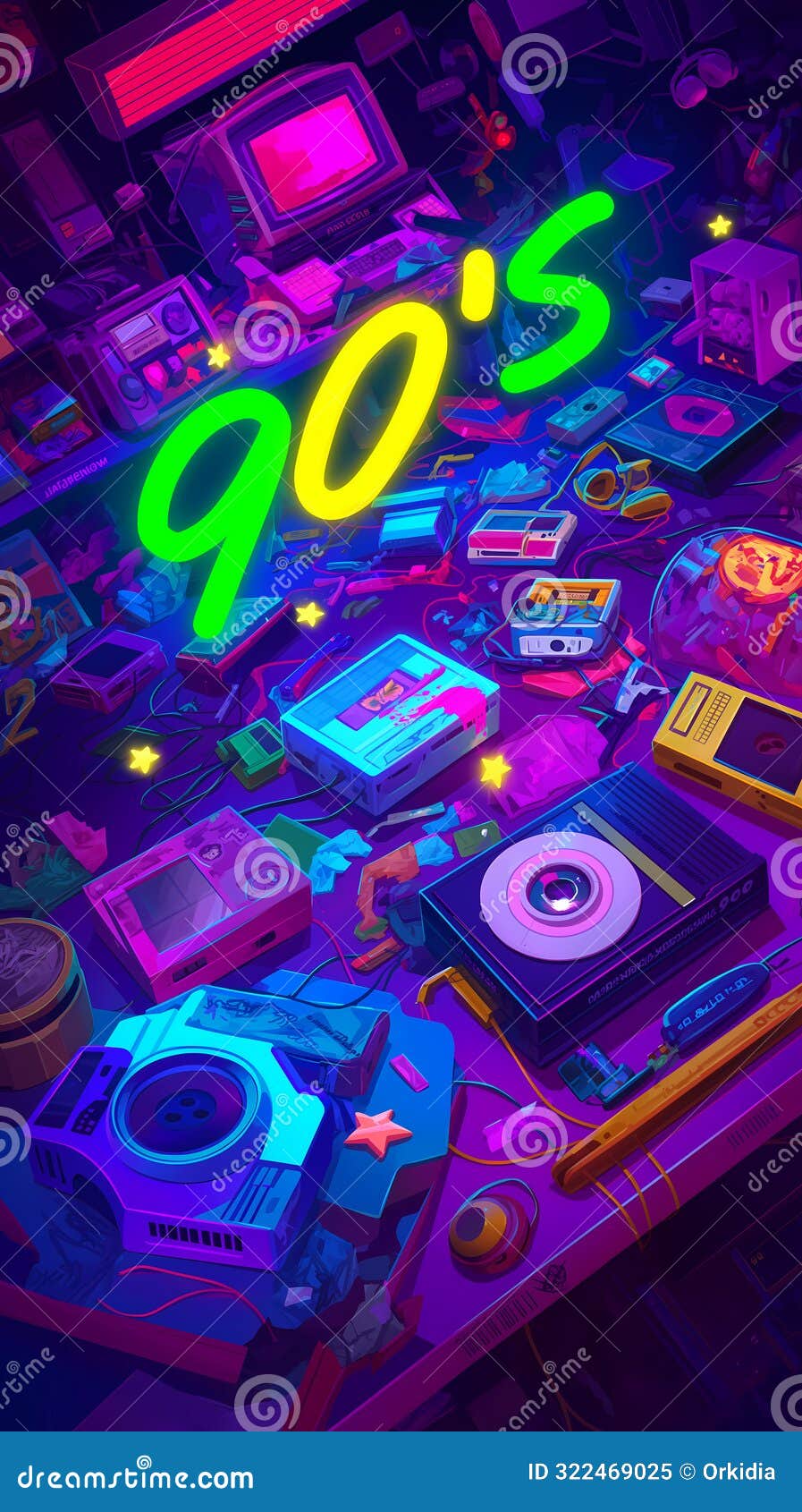 90 S Theme Background in Neon Colors Stock Illustration - Illustration ...