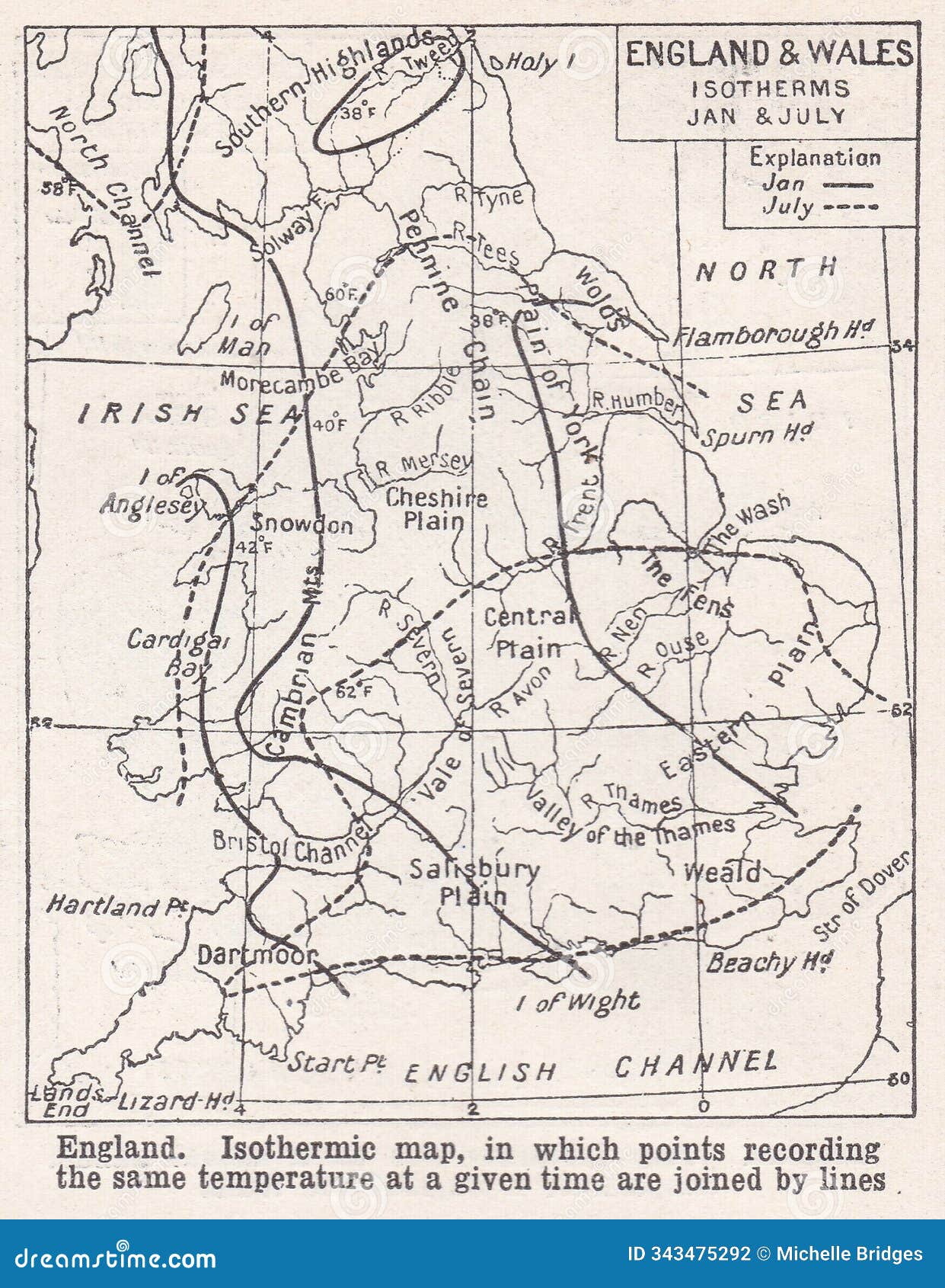 Vintage 1930s Map of England and Wales Isotherms. Editorial Photography ...