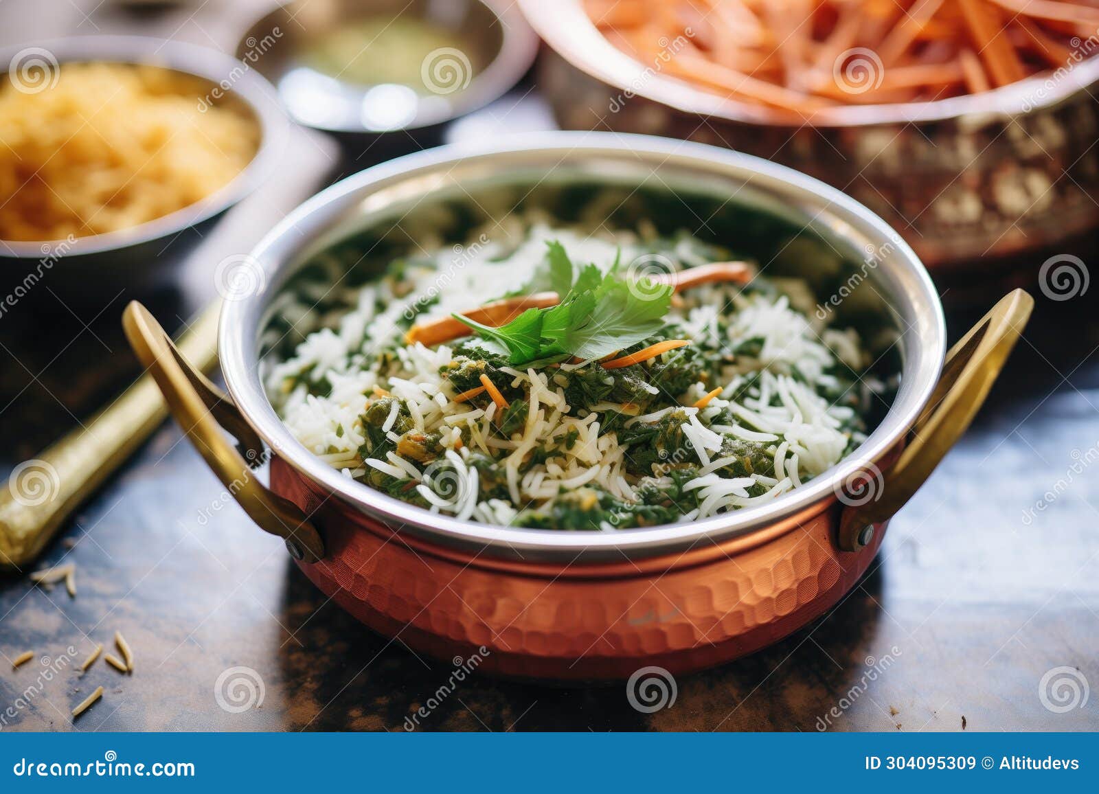 Saag Aloo in a Copper Serving Bowl, Rice Behind Stock Image - Image of ...