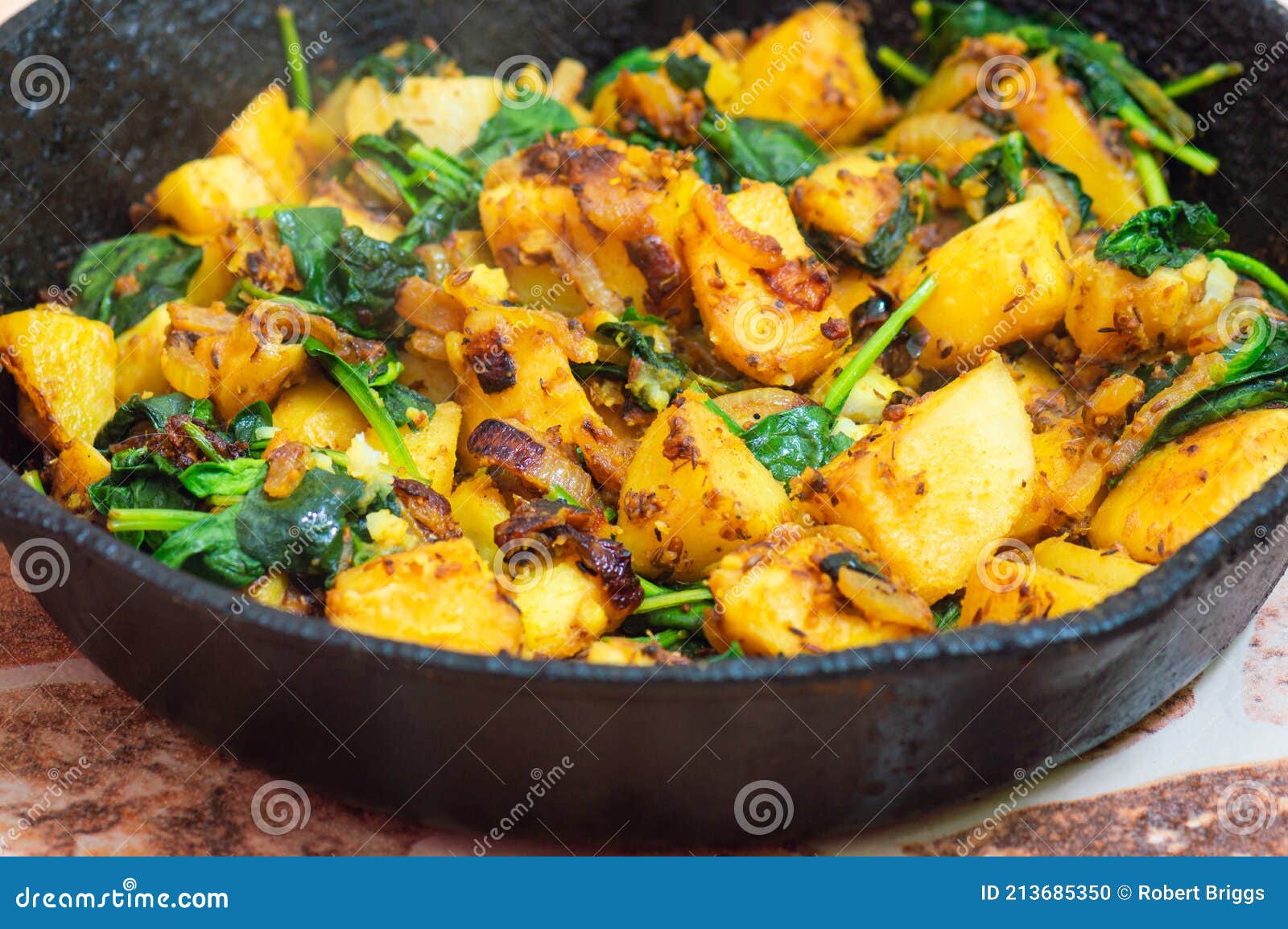 Saag Aloo, Indian Style Spinach and Potatoes in Cast Iron Pan Stock ...