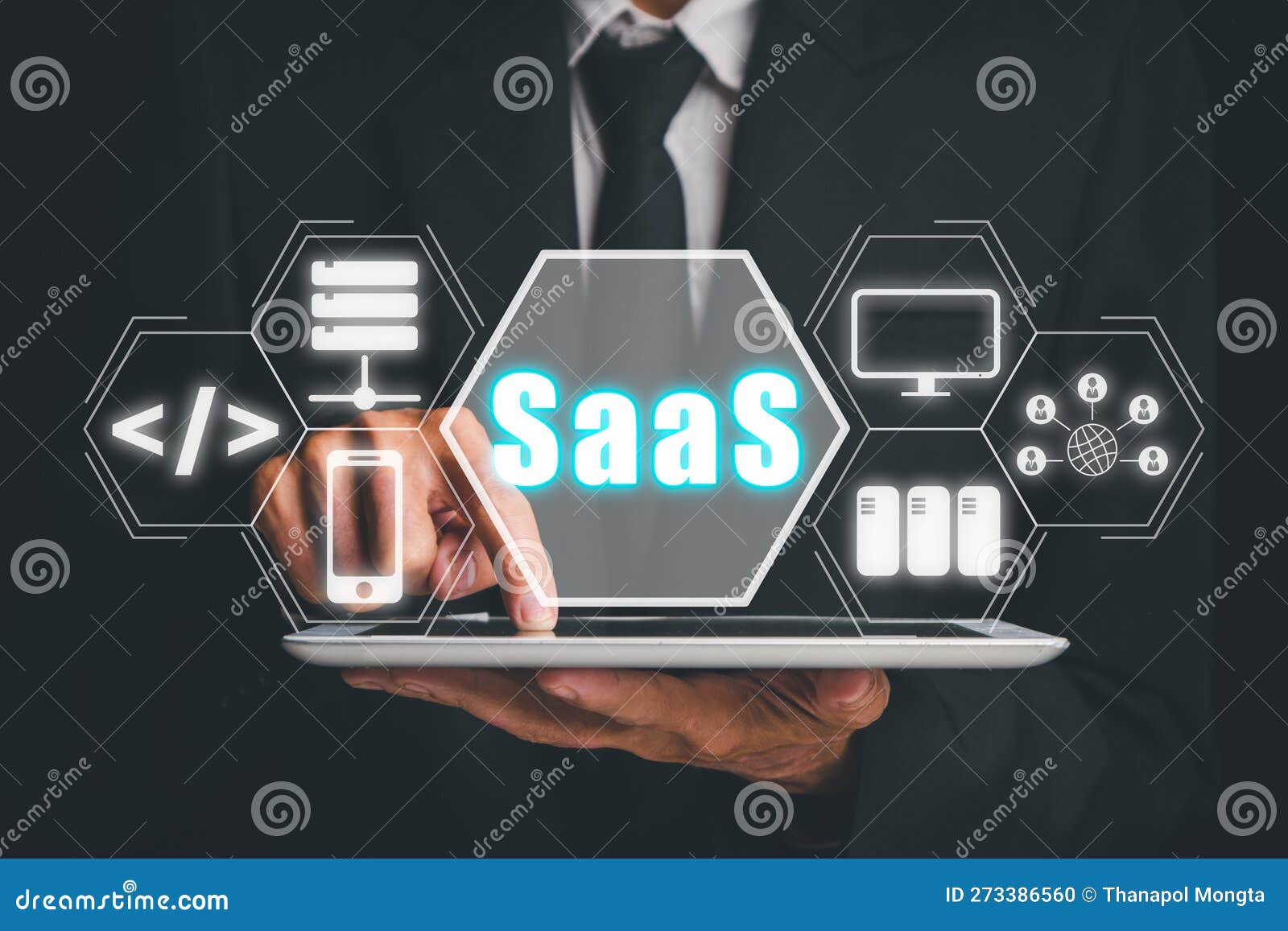 Businessman Hand Working on Tablet To Synchronize on SaaS Host Server ...
