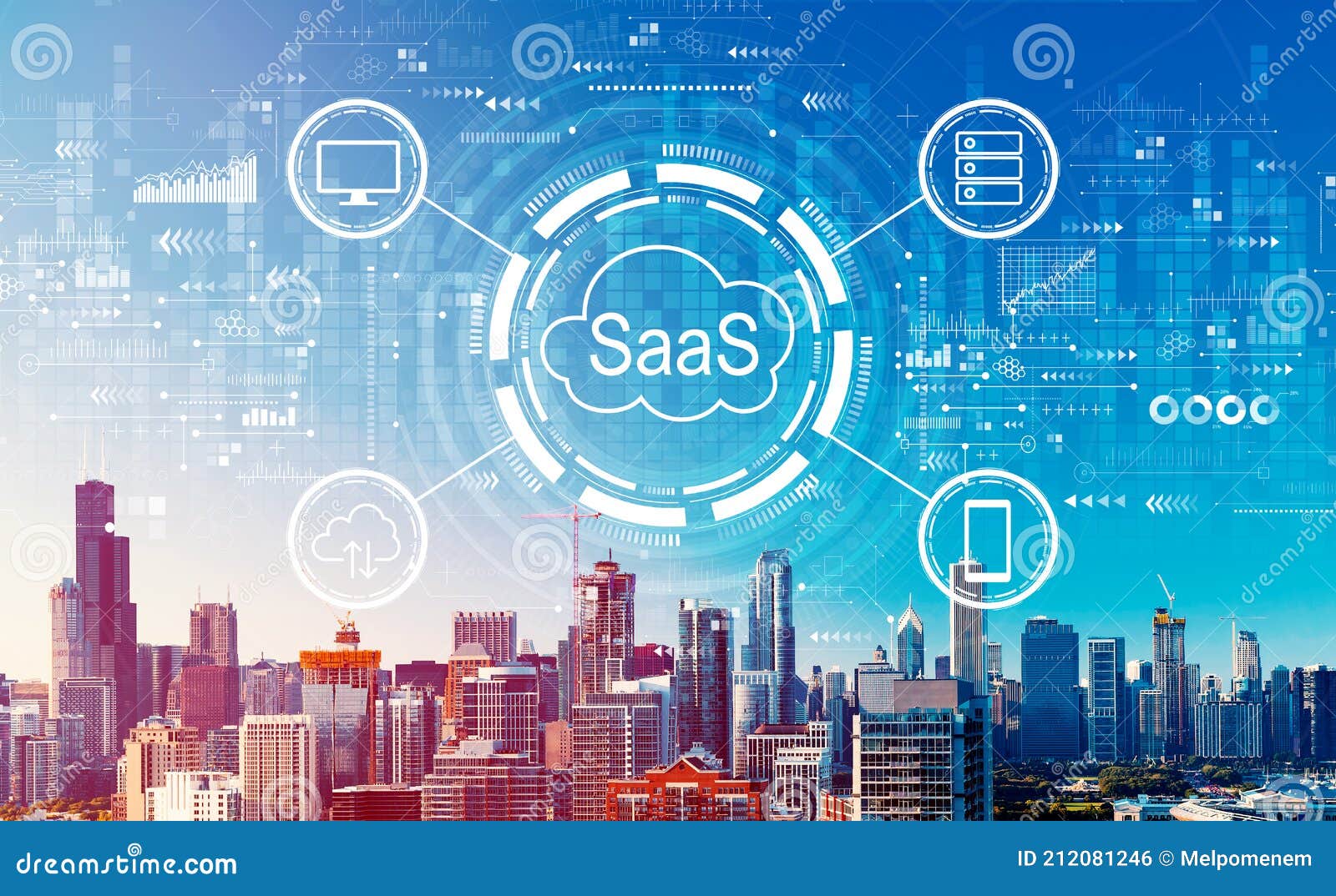 SaaS - Software As a Service Concept with Downtown Chicago Cityscape ... SaaS - Software As a Service Concept with Downtown Chicago Cityscape ...
