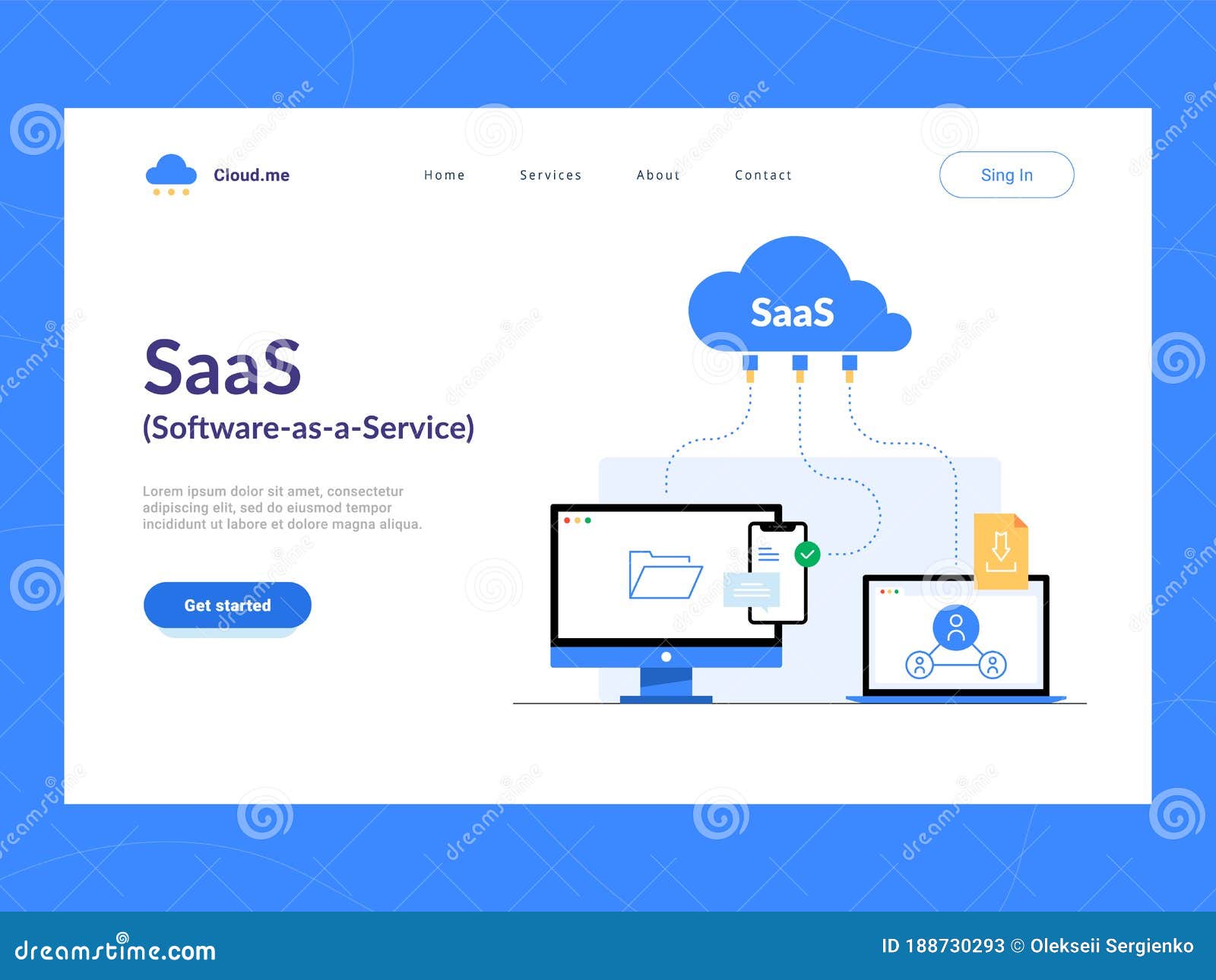 SaaS or Software As a Service Landing Page First Screen. Remote Online ...