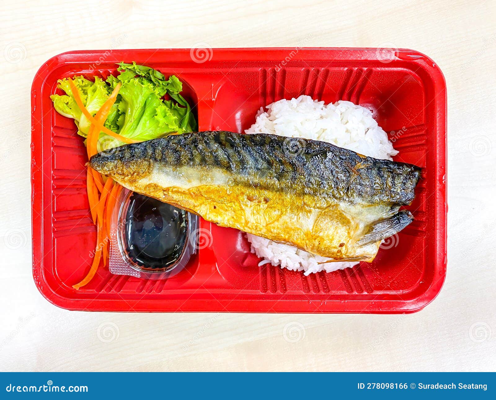 Saba Fish Grilled with Salad in the Food Container Stock Photo - Image ...