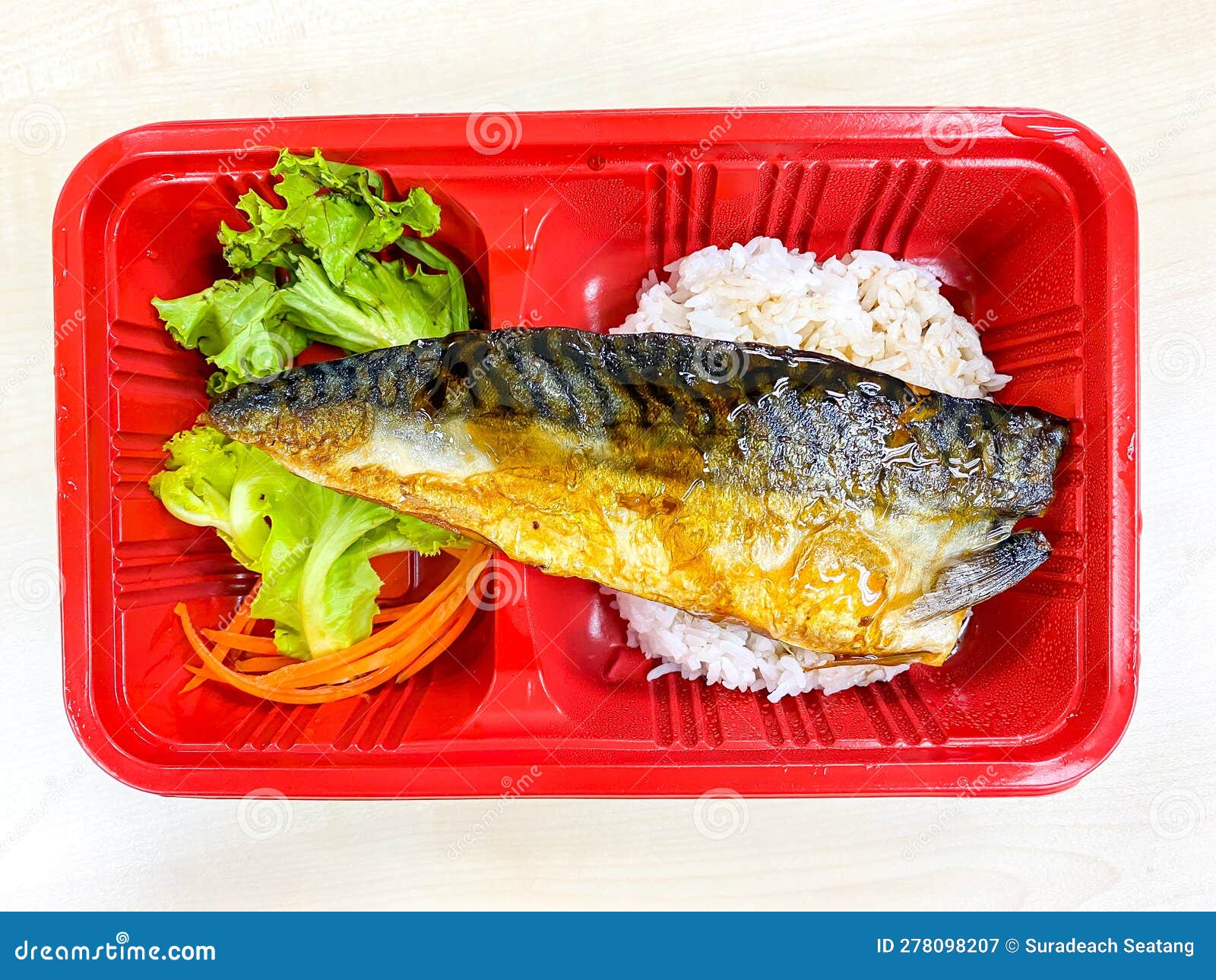 Saba Fish Grilled with Salad in the Food Container Stock Image - Image ...