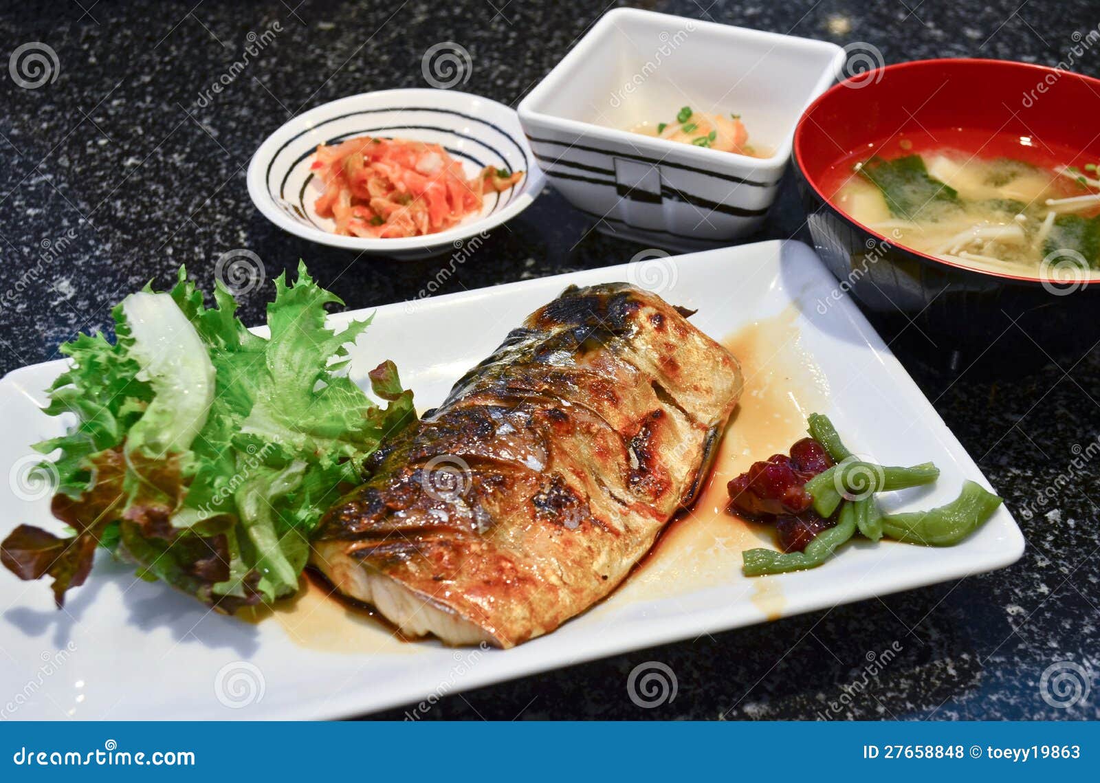 Saba Fish Grilled Set with Rice Stock Photo - Image of delicious, diet ...