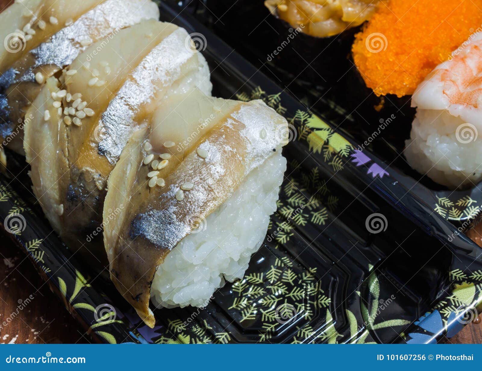 Saba Sushi in Black Plastic Box Stock Photo - Image of background ...