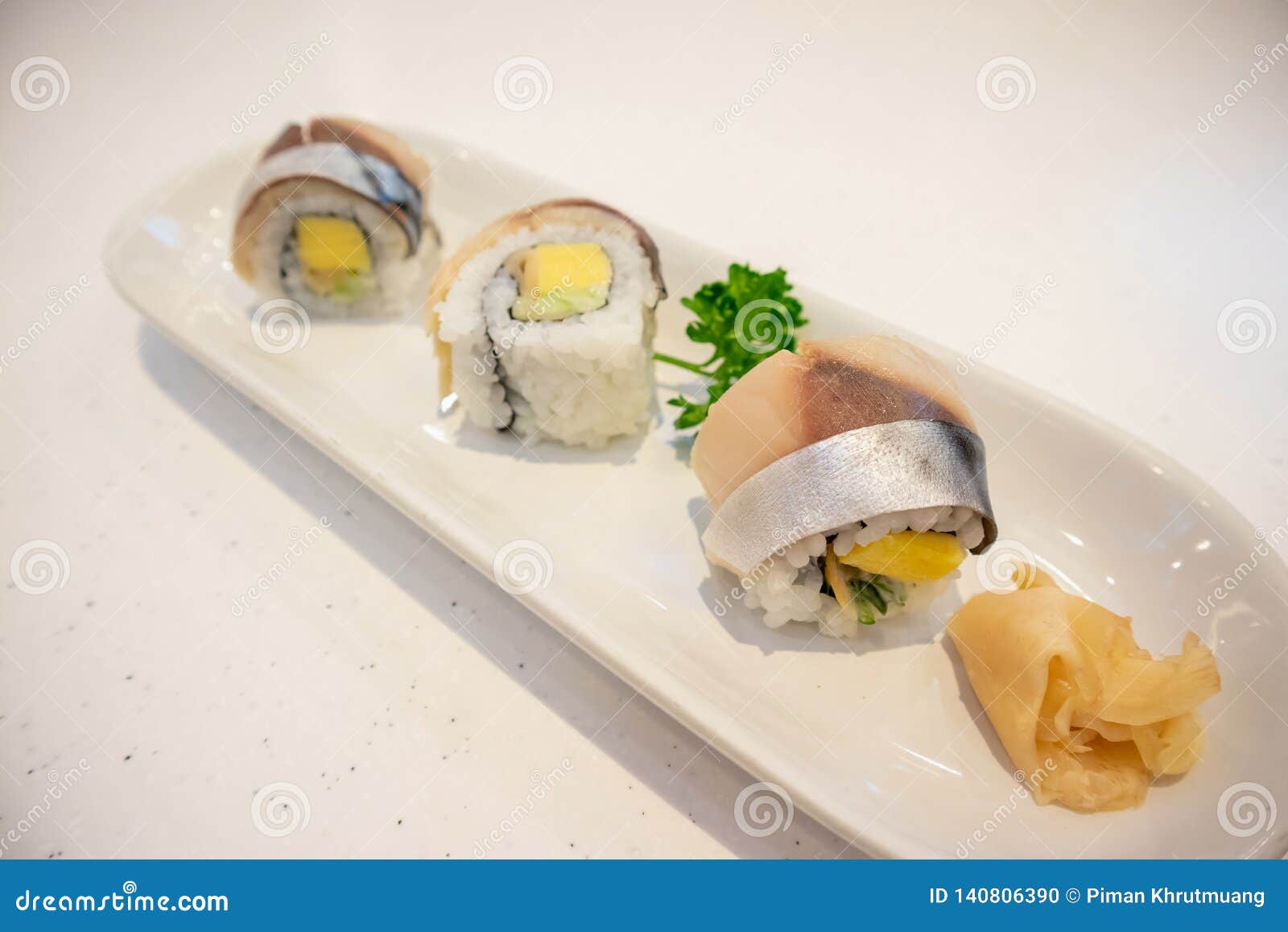 Saba sushi roll on plate stock photo. Image of color - 140806390