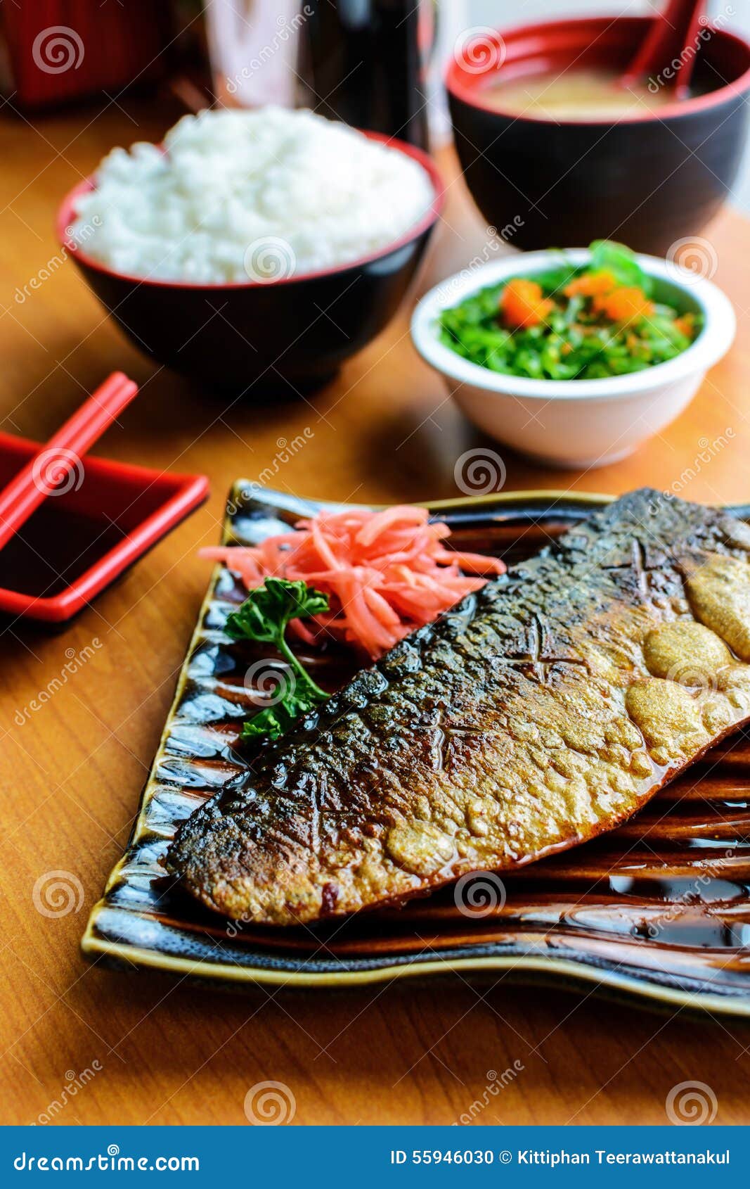 Saba Teriyaki Set with Rice and Miso Soup Stock Photo - Image of food ...