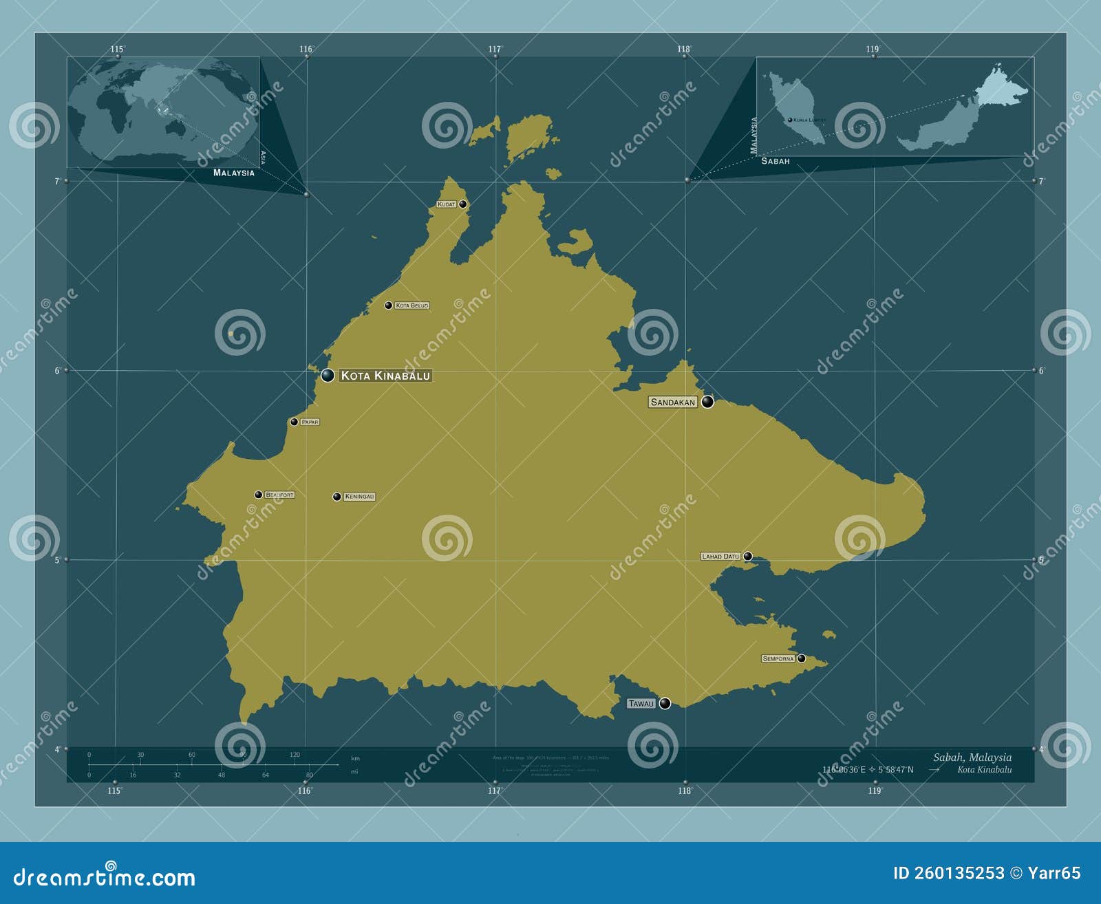 Sabah, Malaysia. Solid. Labelled Points of Cities Stock Illustration ...