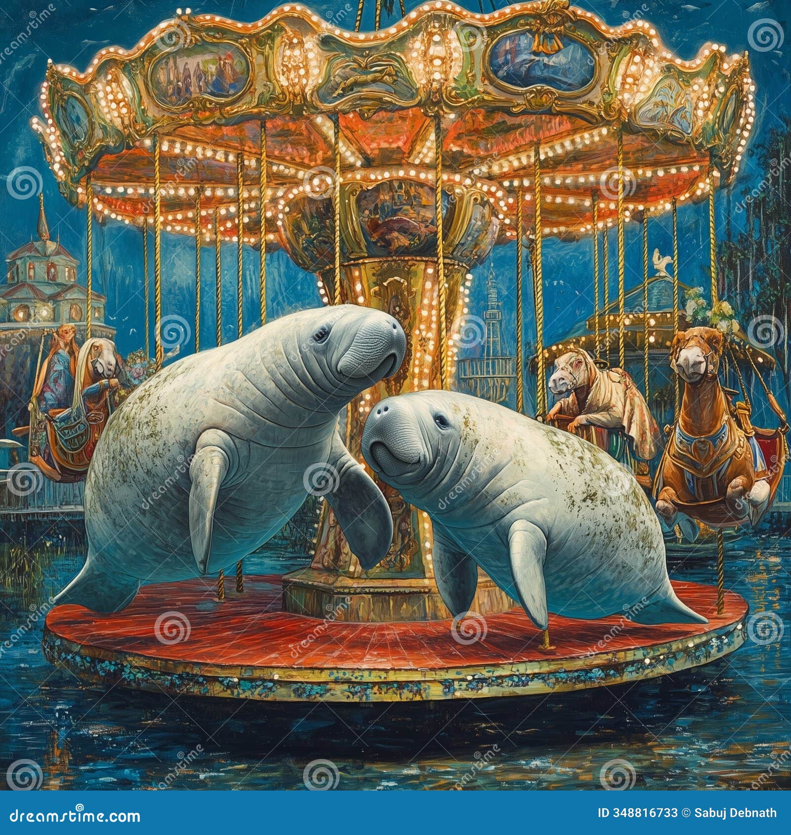 Featuring Manatees Playfully Interacting with a Carousel of Aquatic ...