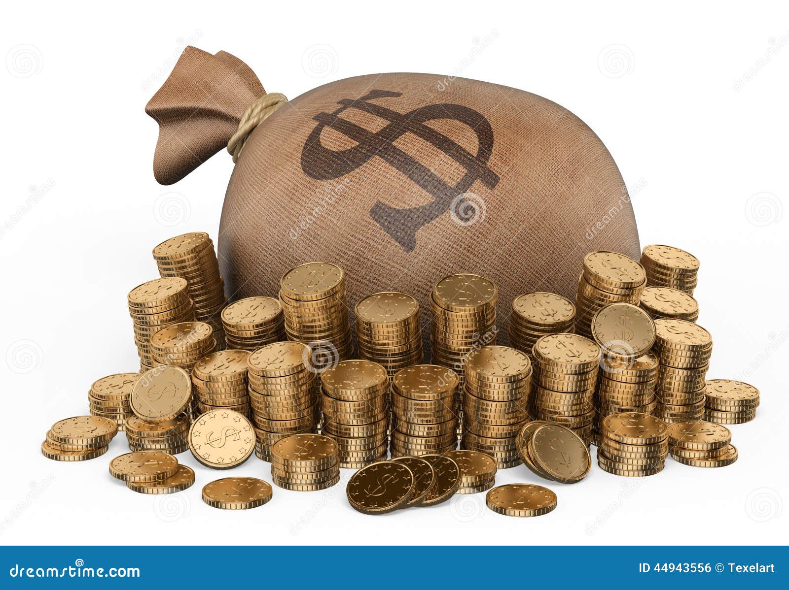 Sack 3D Geld und Münzen stock abbildung. Illustration von geldtasche ...