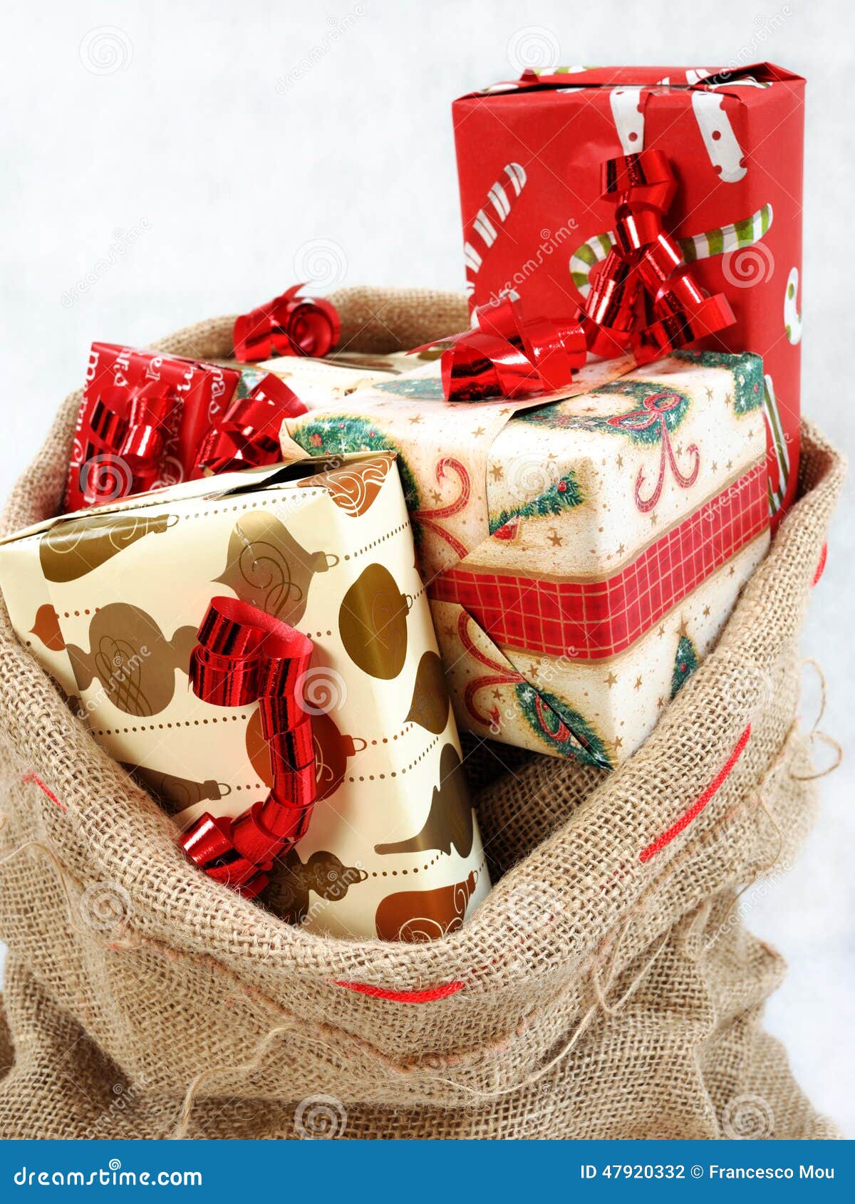 An sack full of gifts. stock photo. Image of card, white - 47920332