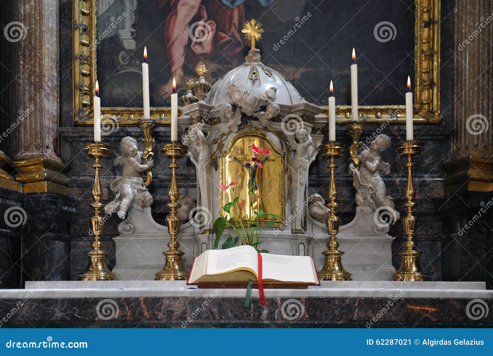 The Sacred Book on the Church Altar Stock Image - Image of golden, mass ...