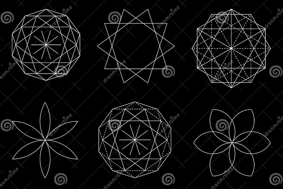 Sacred Geometry Vector Design Elements Isolated on Black Background ...