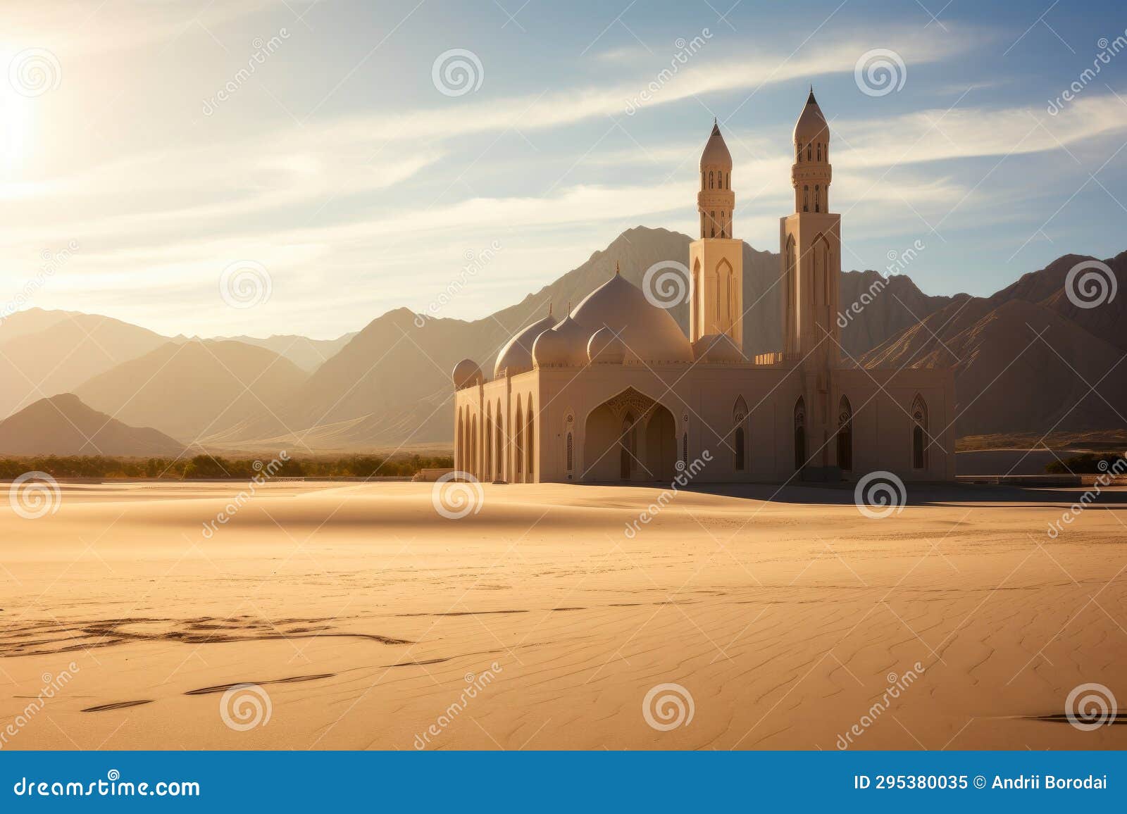 Sacred Oasis: Mosque Amidst Sun, Sand, and Mountains. Stock ...