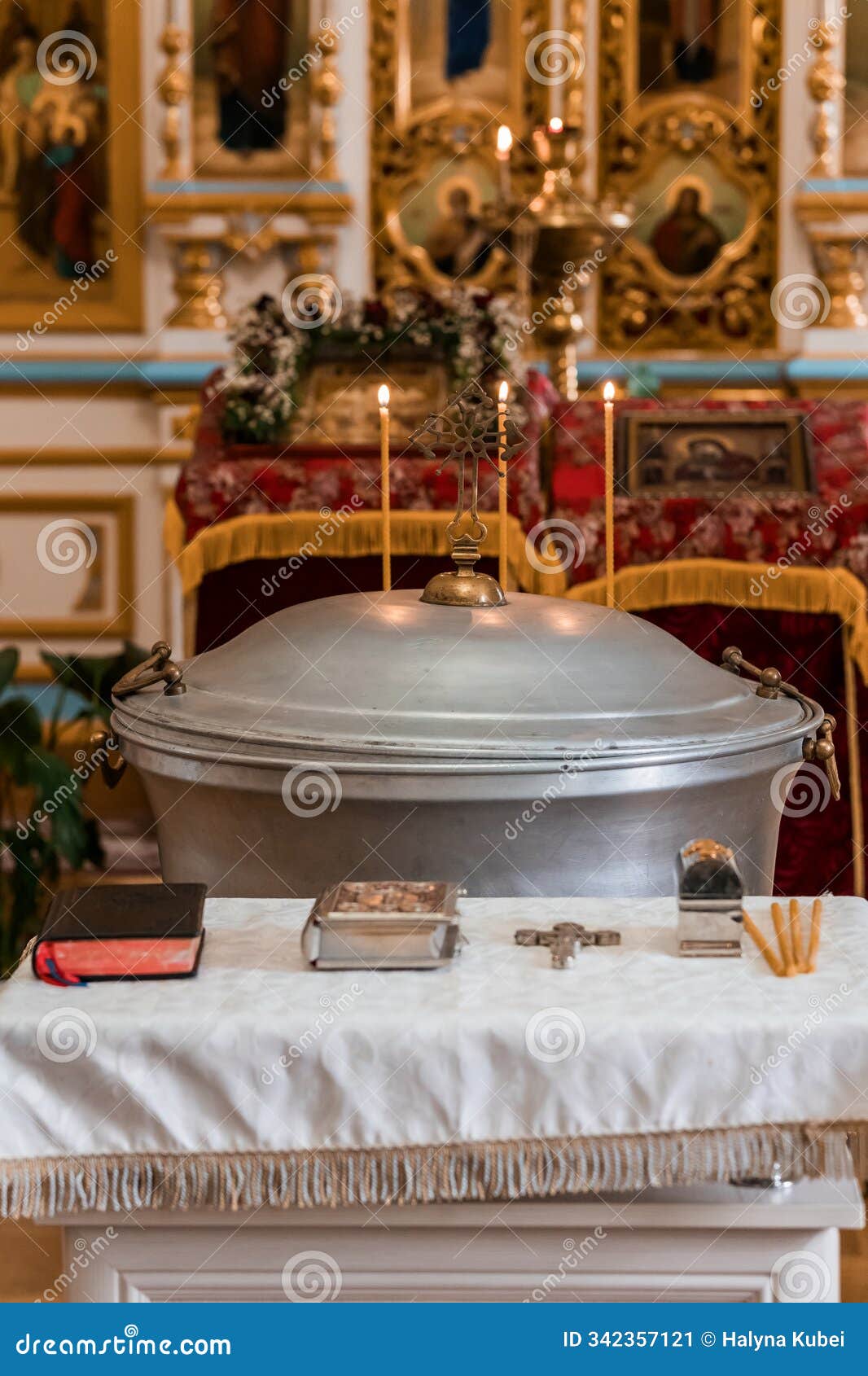 Sacred Religious Alter Table with Silver Basin and Religious Artifacts ...