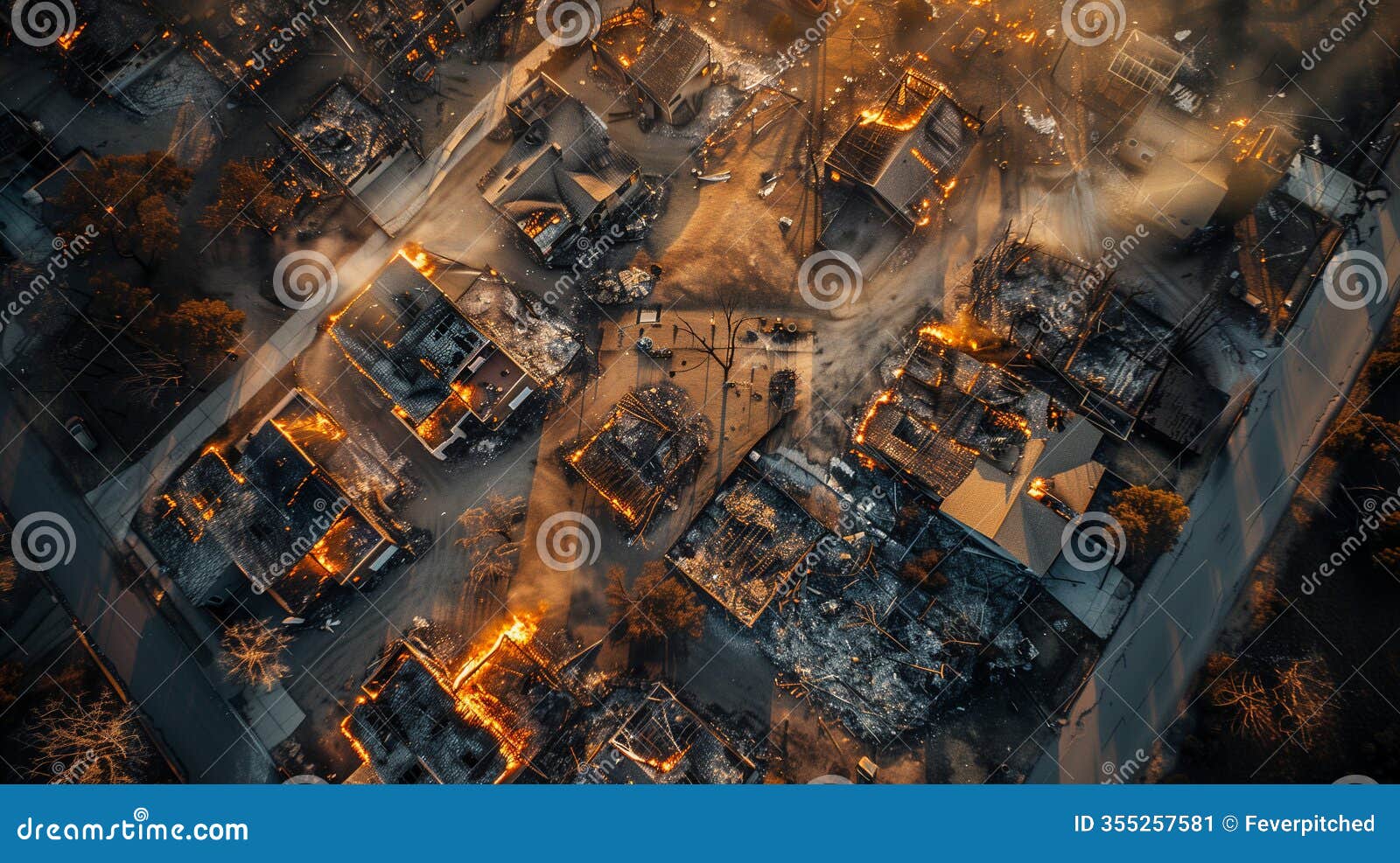 Sad Aerial View of Neighborhood in Ruins from Devastating Fire ...