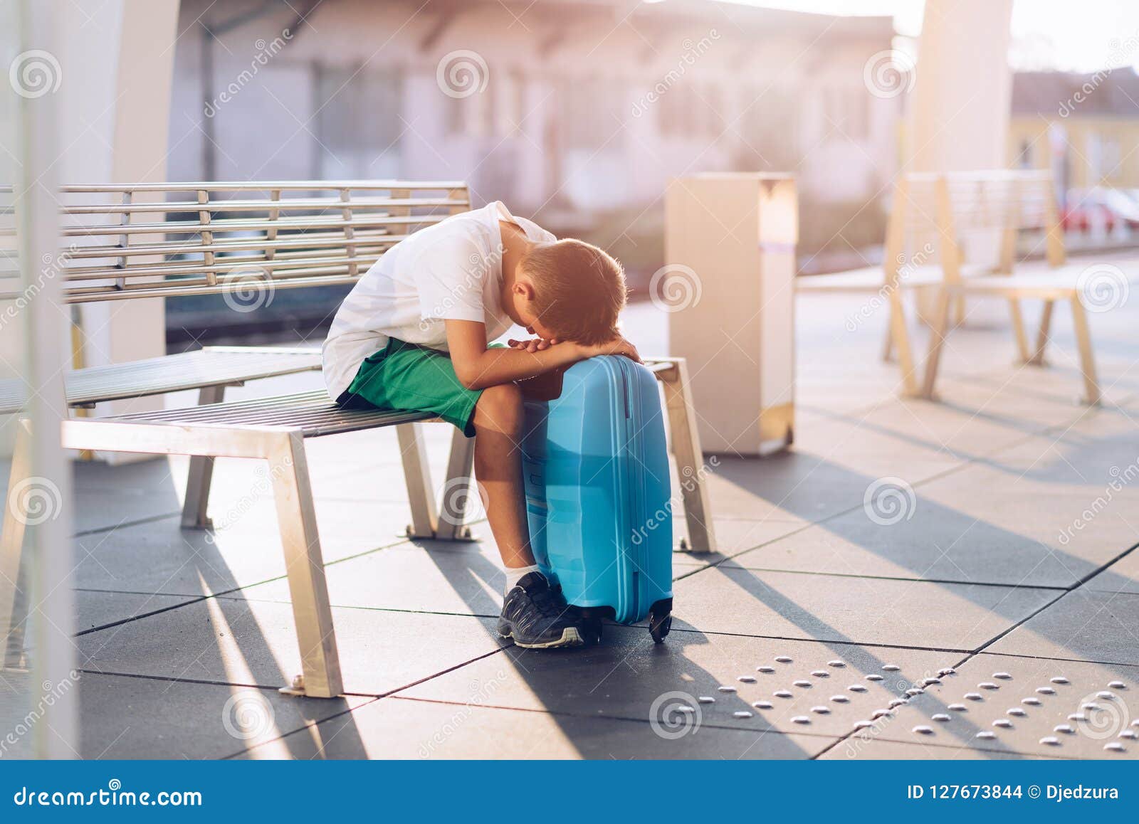 Sad Alone Boy Child Waiting Alone with His Baggage Stock Photo - Image ...