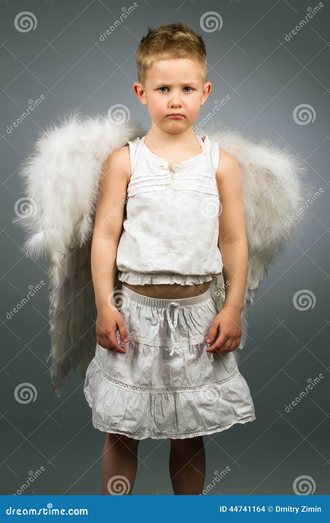 Sad Angel Kid with White Wings Stock Photo - Image of background ...