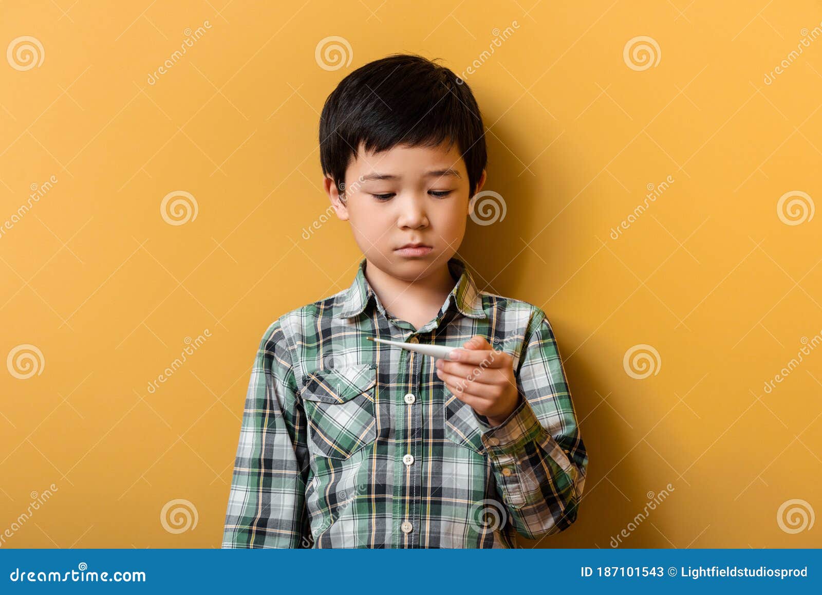 Sad Asian Boy Looking at Thermometer Stock Image - Image of emotional ...