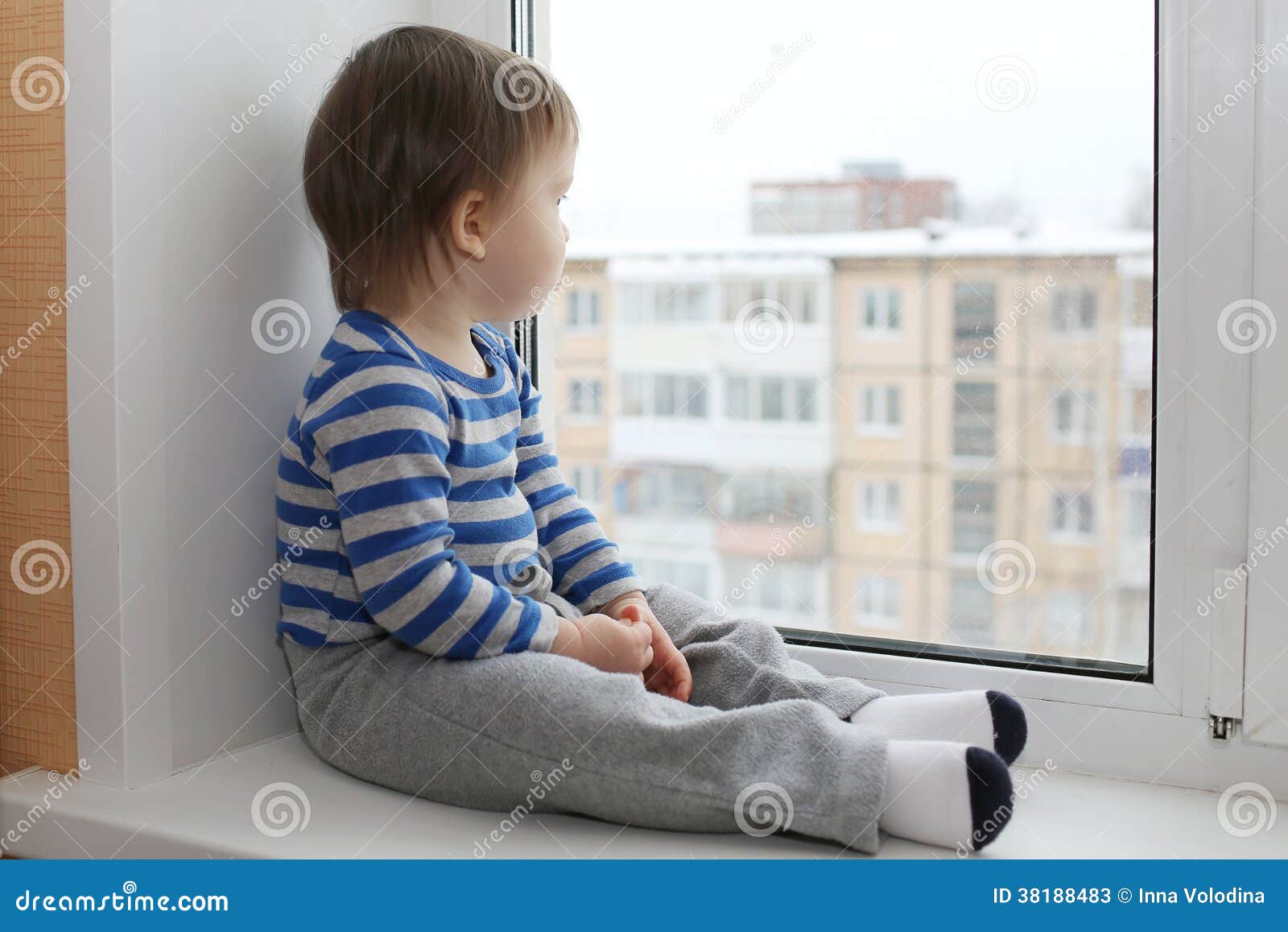 Sad Baby Sitting on Window Sill Stock Image - Image of year, adorable ...