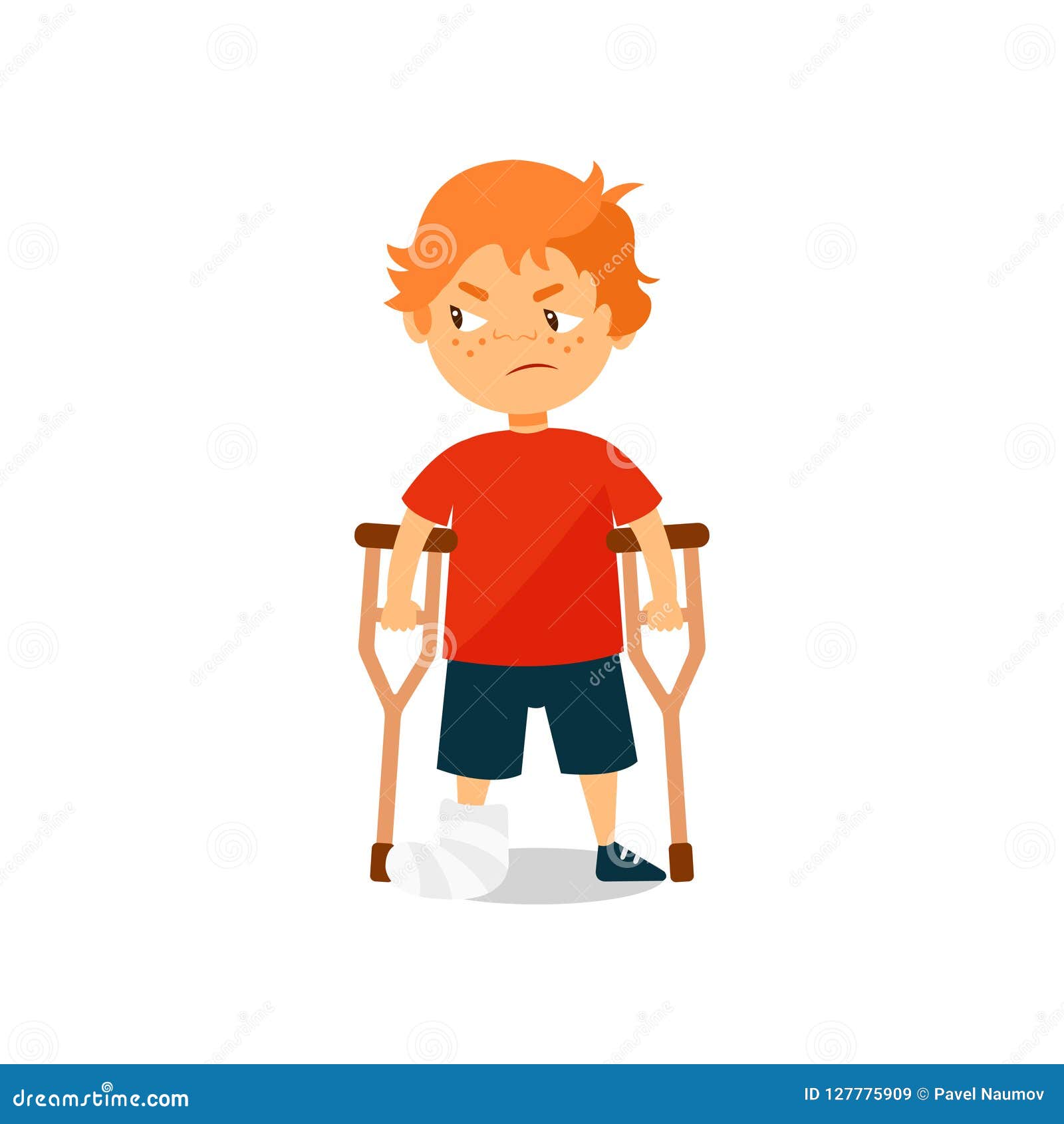 Sad Boy with Broken Leg Standing with Crutches Vector Illustration on a ...