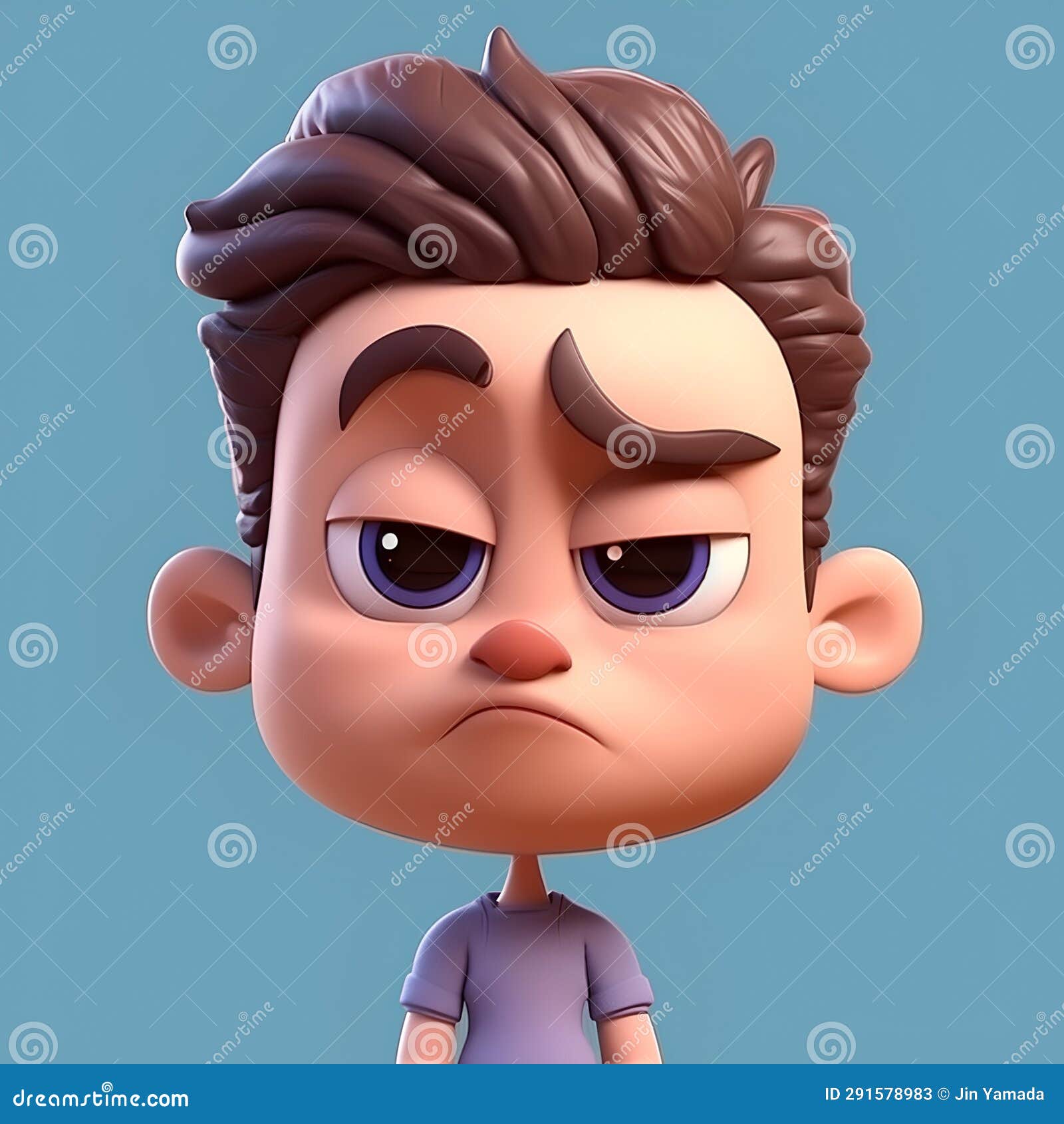 Sad Boy with Brown Eyes and Dark Hair, 3d Rendering. Stock Illustration ...