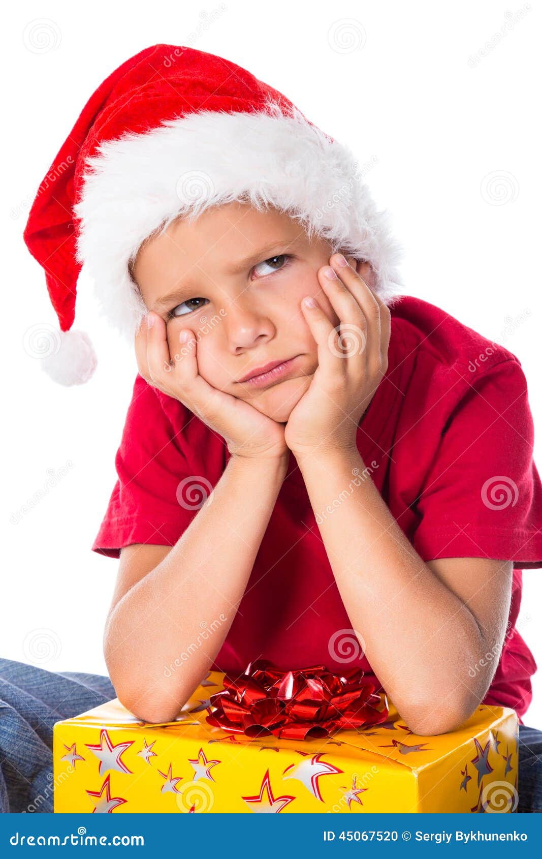 Sad Boy with Gift Box in Christmas Hat Stock Photo - Image of child ...