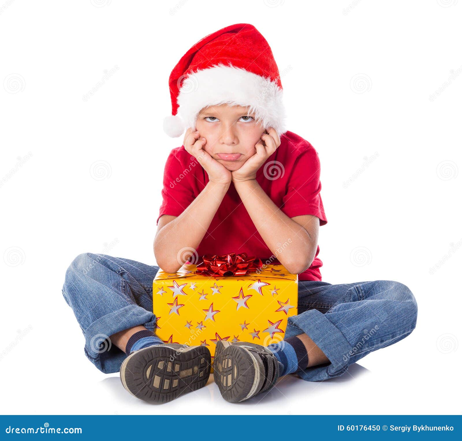 Sad Boy with Gift Box in Christmas Hat Stock Photo - Image of people ...