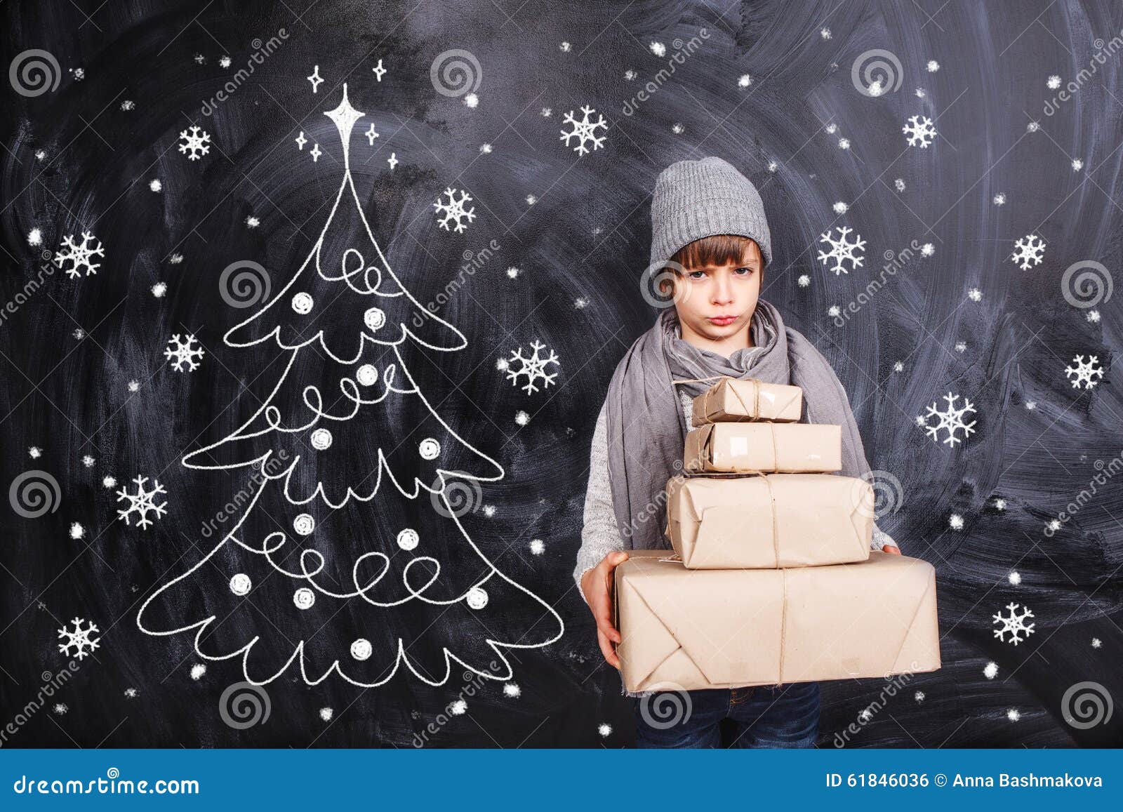 Sad boy and gifts stock photo. Image of boxes, doodle - 61846036