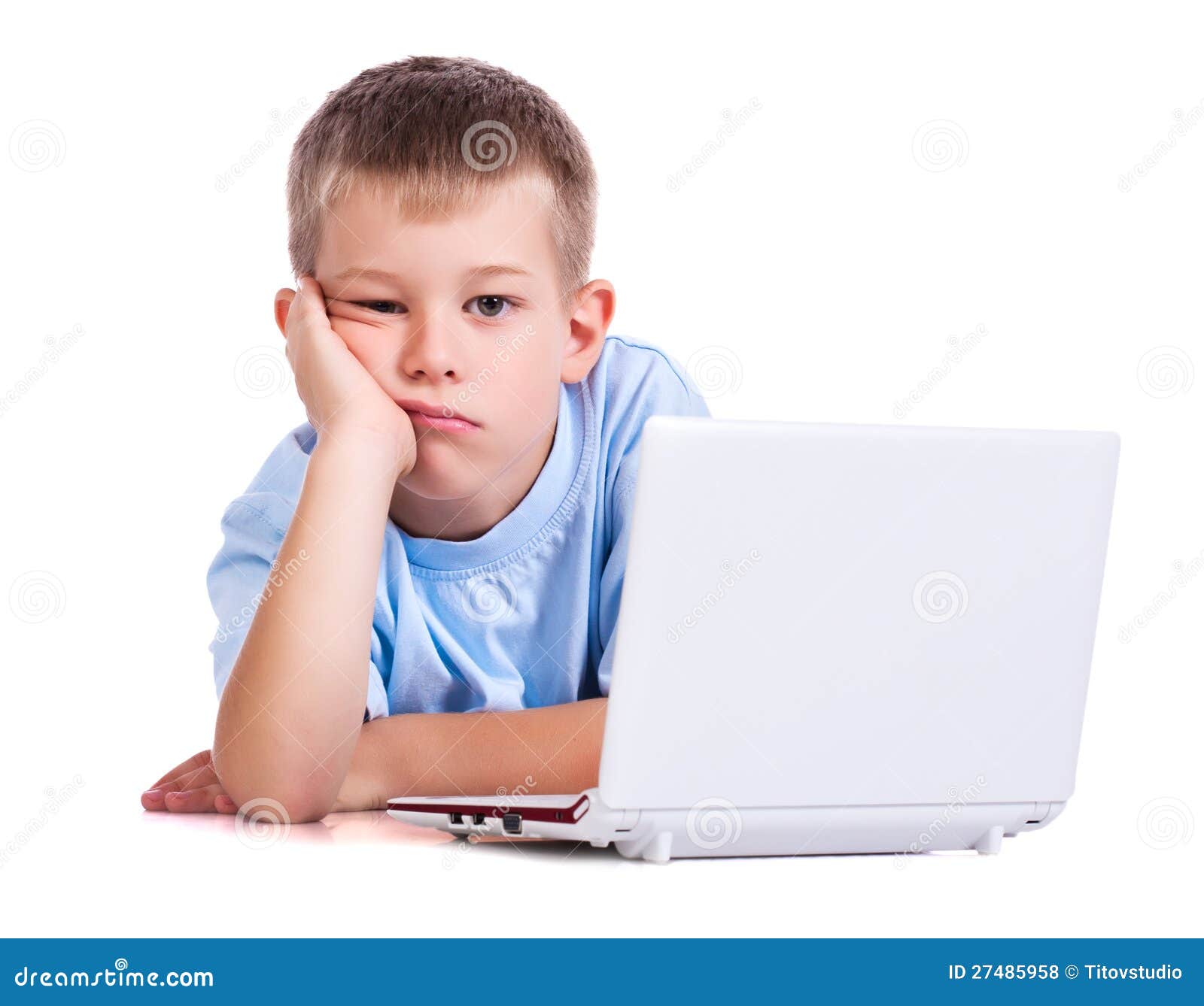Sad Boy with Laptop on White Stock Photo - Image of face, natural: 27485958