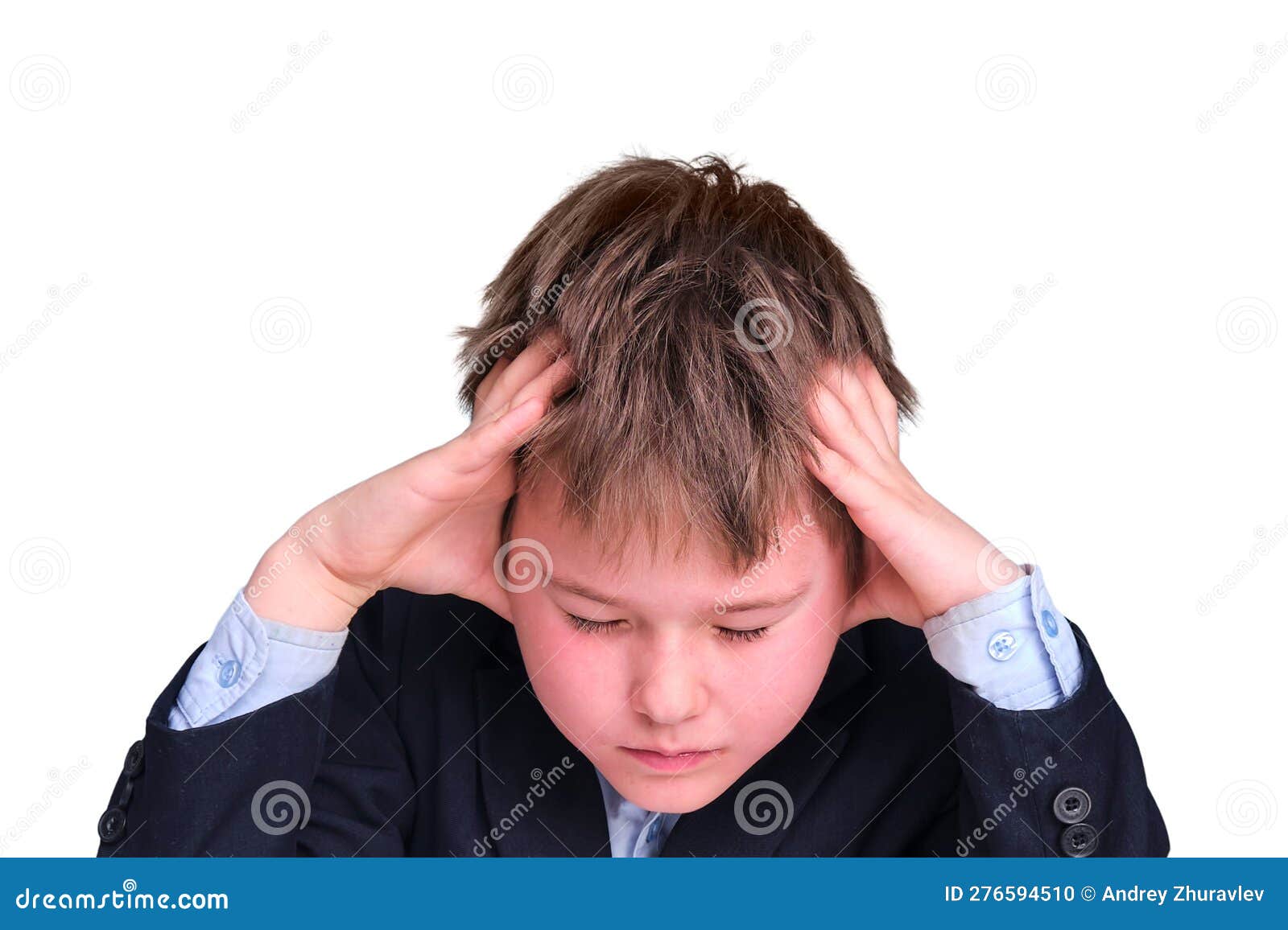A Sad Boy in a School Suit on Distance Learning, Isolated on a White ...